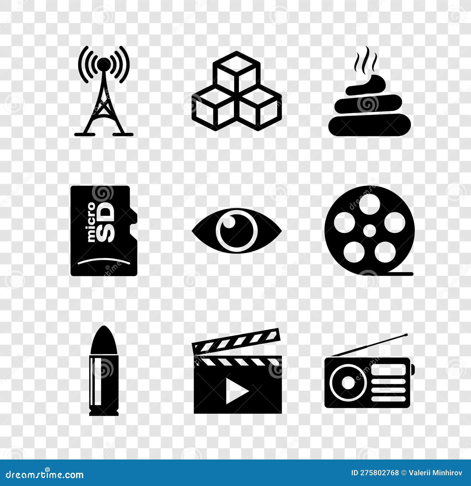 Set Antenna, Isometric Cube, Shit, Bullet, Movie Clapper and Radio Icon ... Set Antenna, Isometric Cube, Shit, Bullet, Movie Clapper and Radio Icon ...