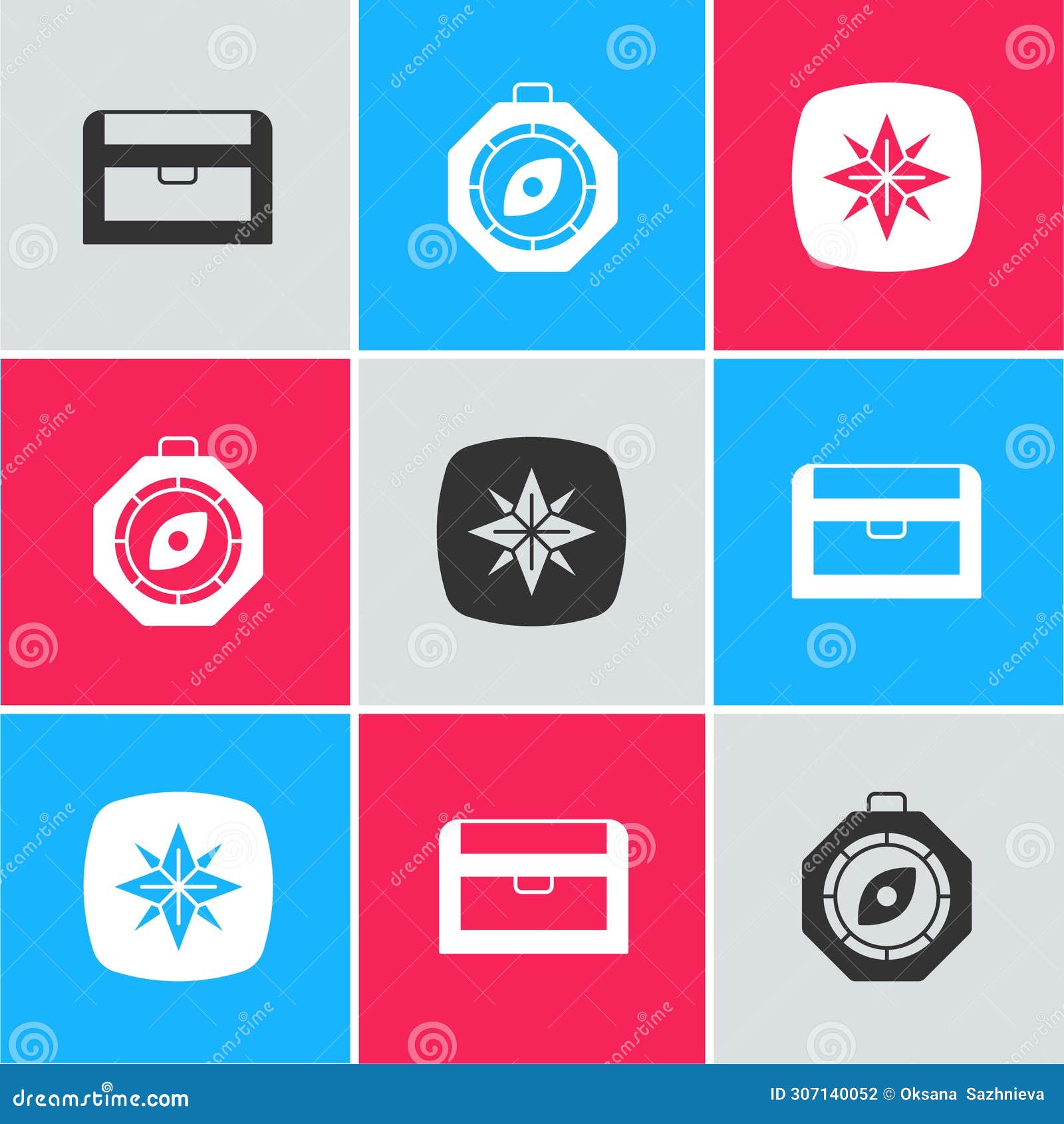 Set Antique Treasure Chest, Compass and Wind Rose Icon. Vector Stock ...
