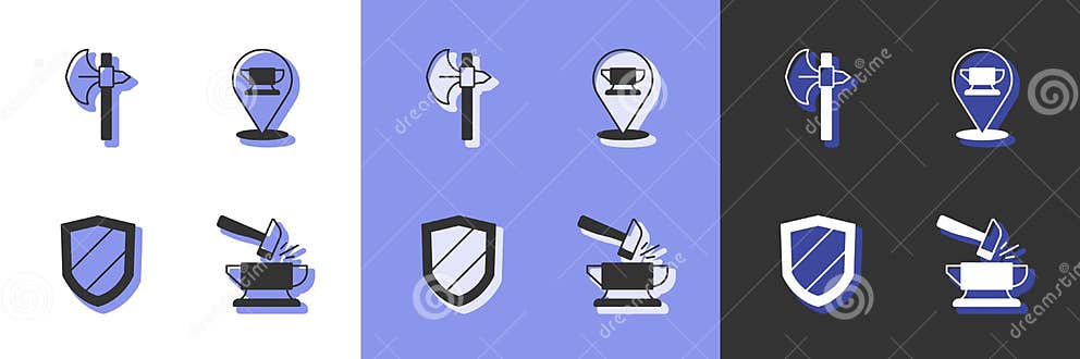 Set Anvil and Hammer, Medieval Axe, Shield and Blacksmith Anvil Tool ...