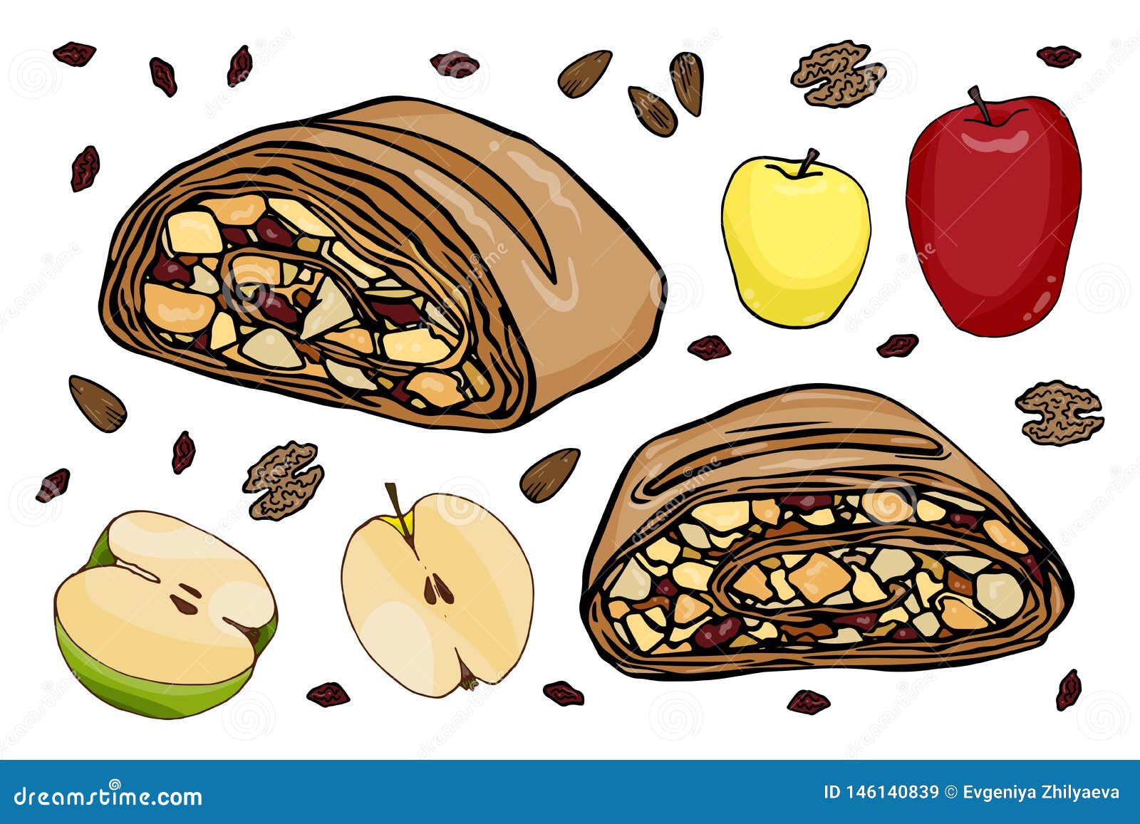 Slices Viennese Apple Strudel Black Outline On White Background ...