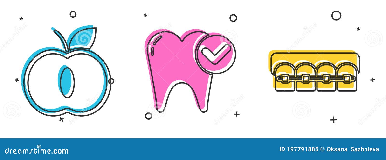 Set Apple, Tooth Whitening Concept and Teeth with Braces Icon. Vector ...