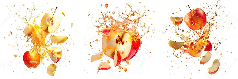 Set of Apples Exploding and Bursting into Pieces with Juice Splatters in Different Directions ...