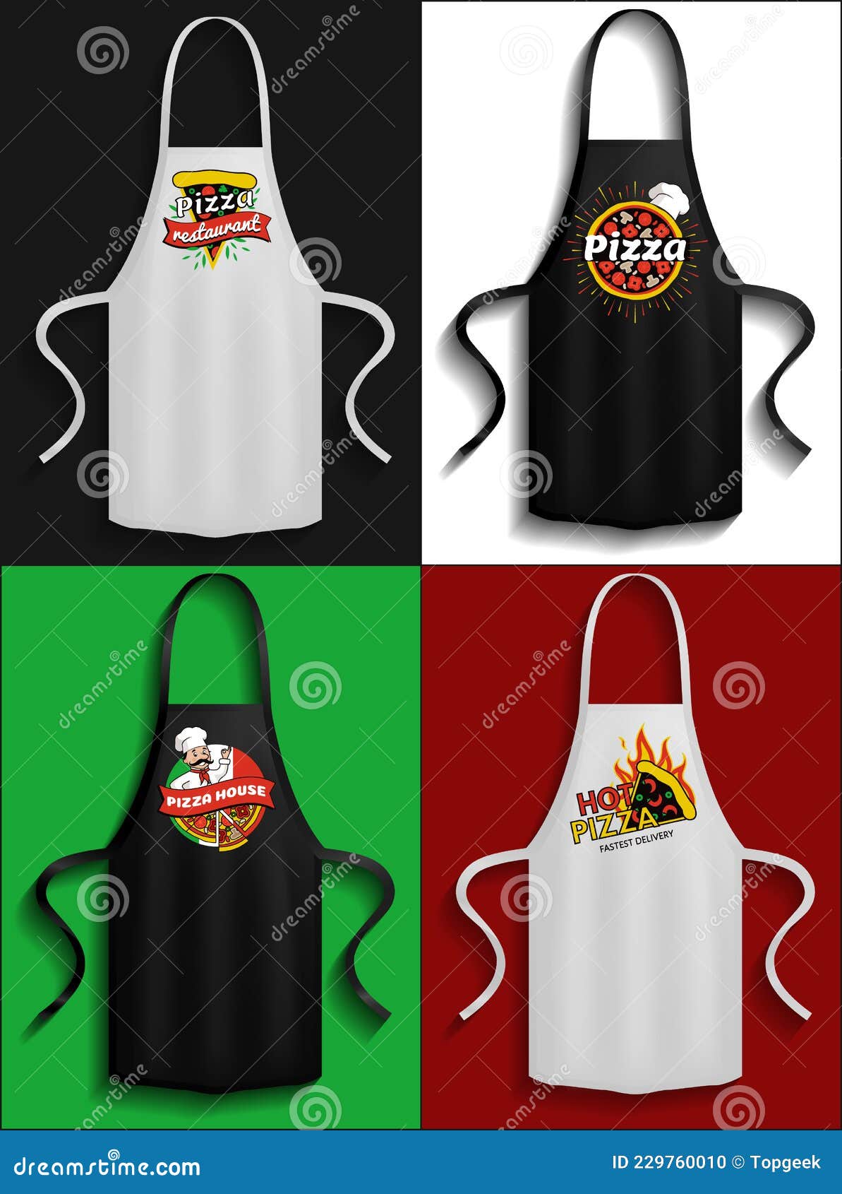 Set of Aprons with Pizzeria Logos. Clothes for Working and Cooking in ...
