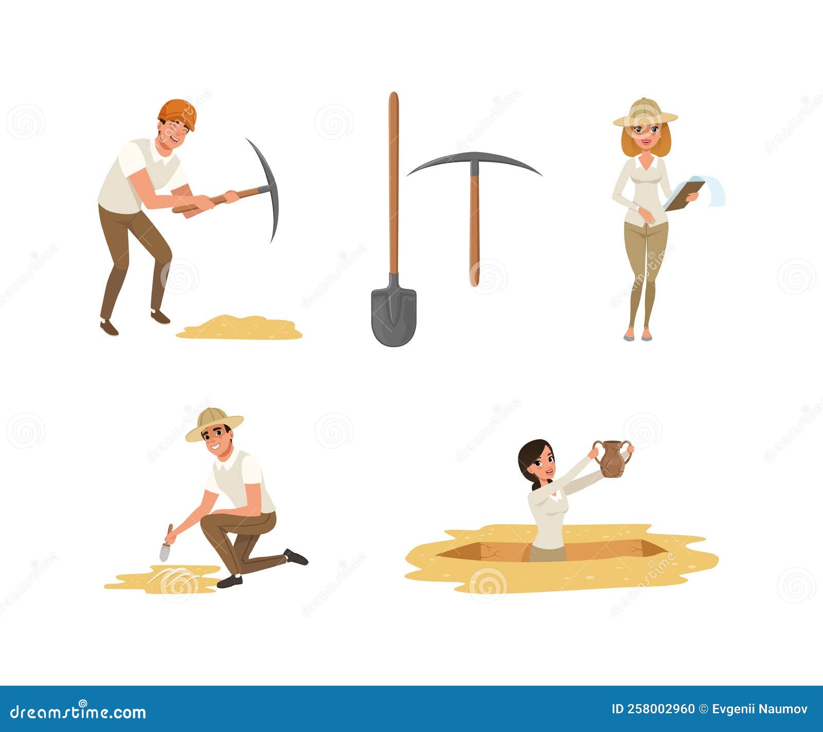 Set of Archaeologists Excavating Historical Artifacts. Archaeological ...