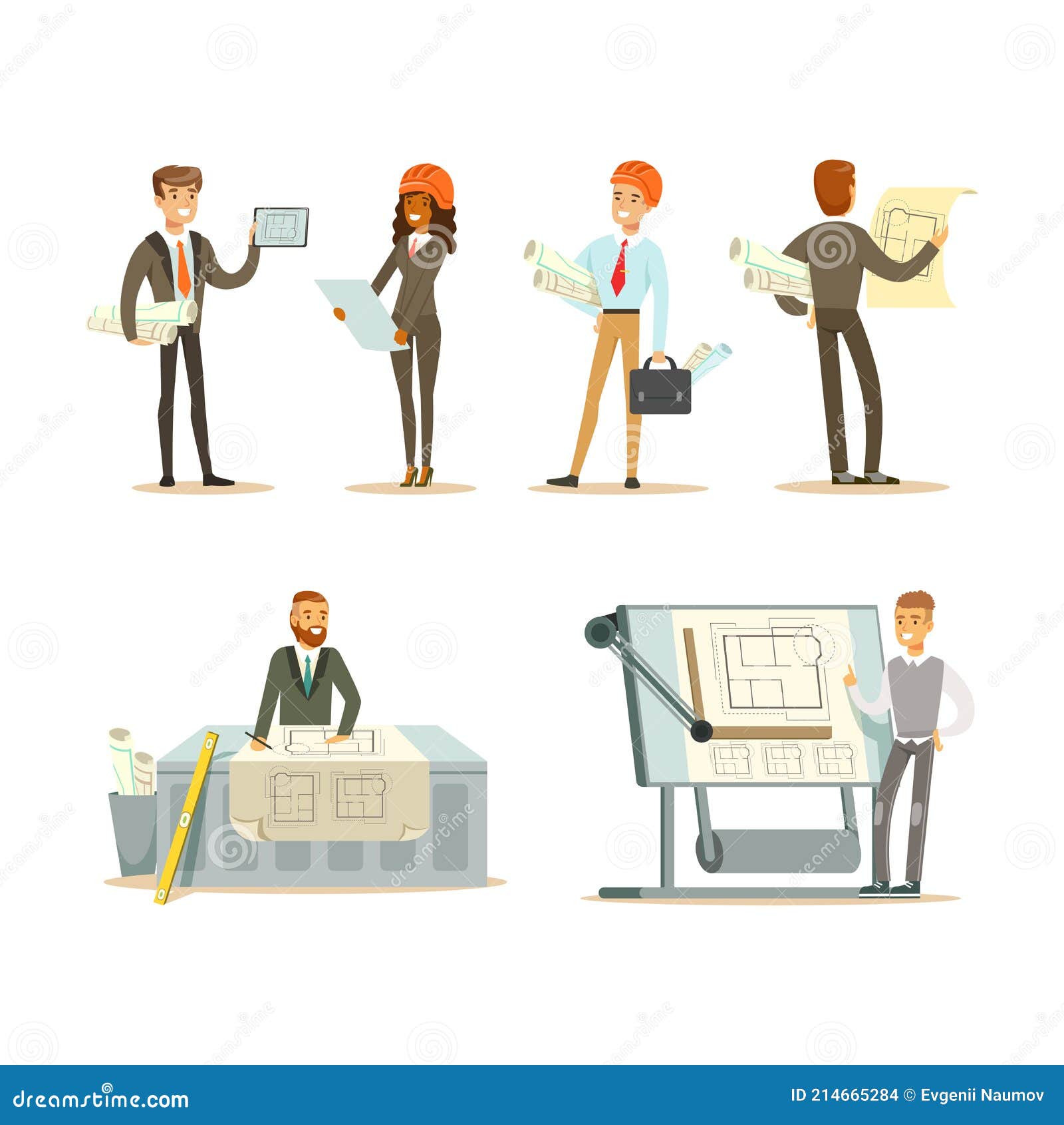 Set Of Architects Or Construction Engineers Working On Architectural ...