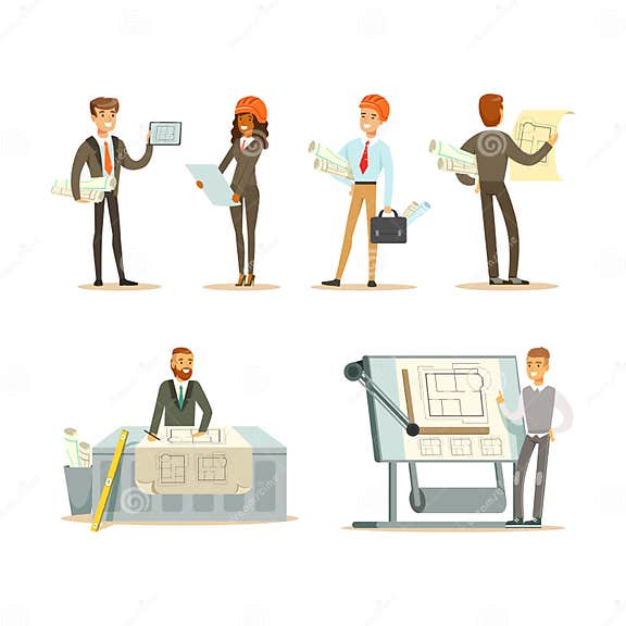Set of Architects or Construction Engineers Working on Architectural ...