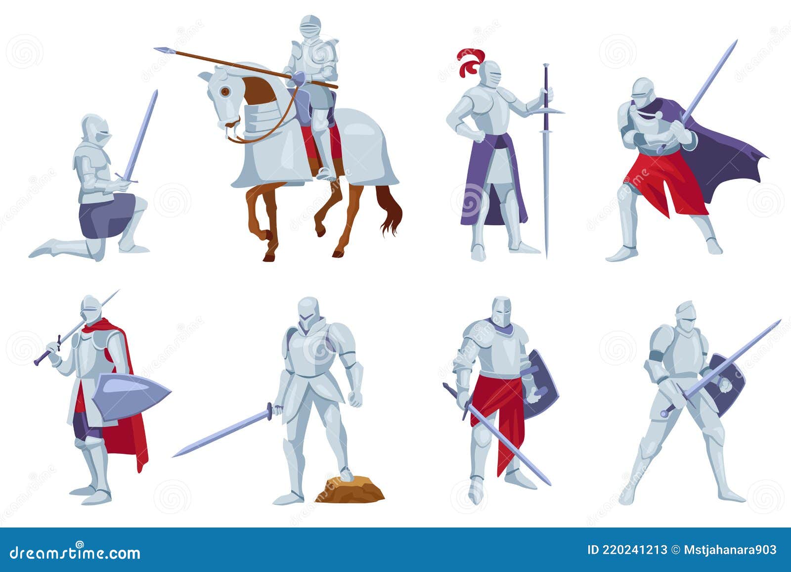 Set of Armored Knights with Weapons in Different Angles, Poses Stock ...