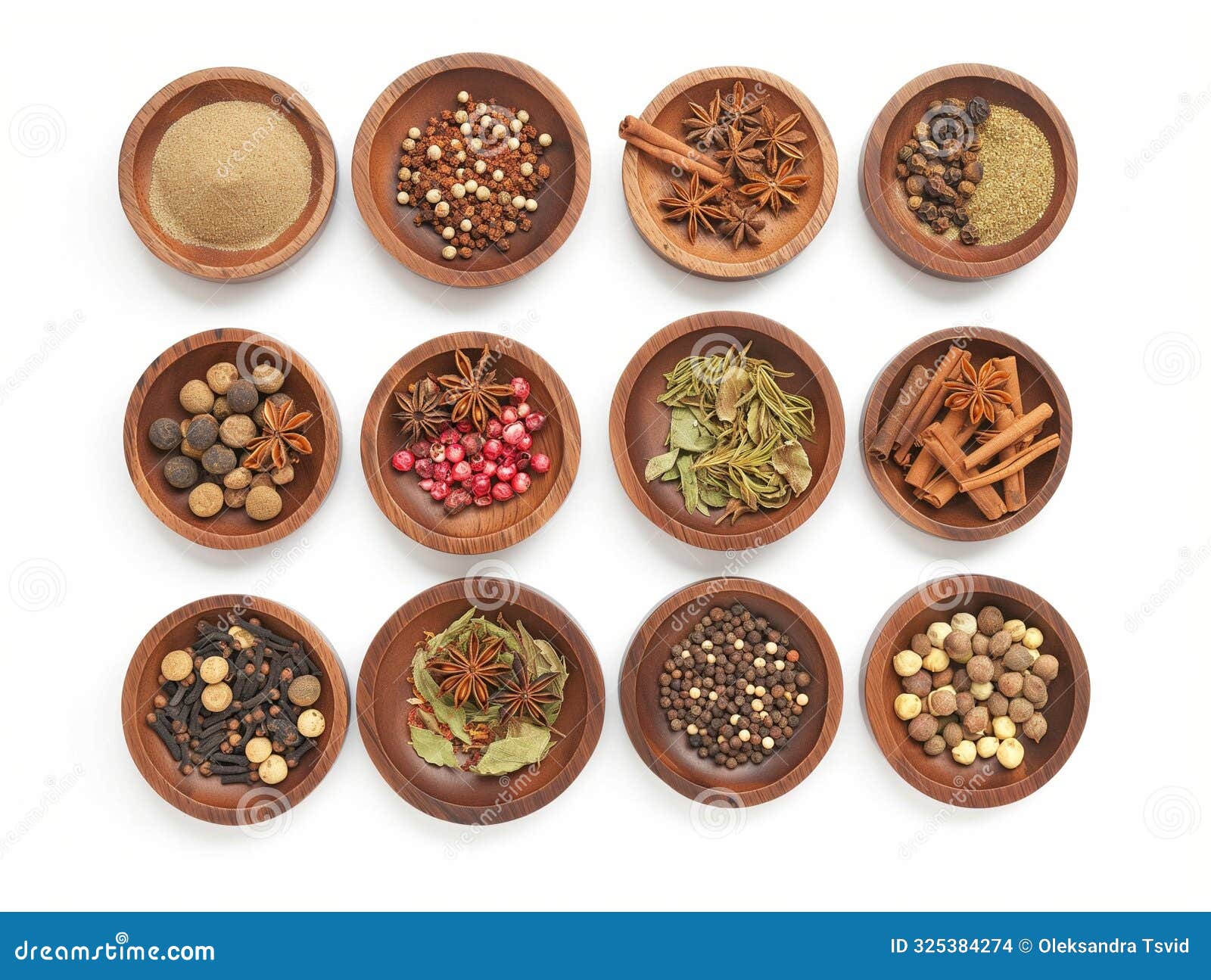 Set of Aromatic Spices on Wooden Plates on White Background Stock Photo ...