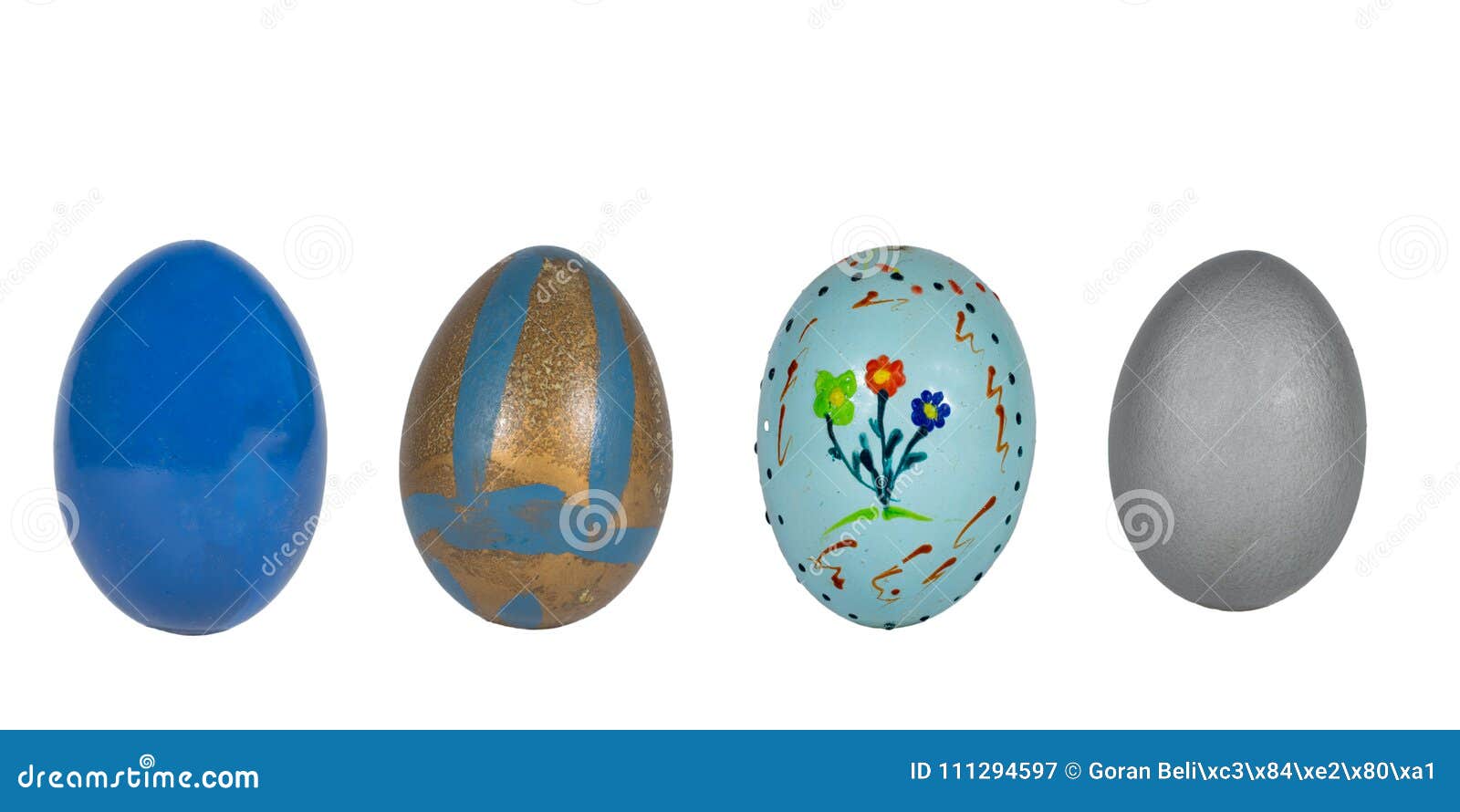 Set, Array, Panorama of Four Unique Easter Eggs Isolated on White Stock ...