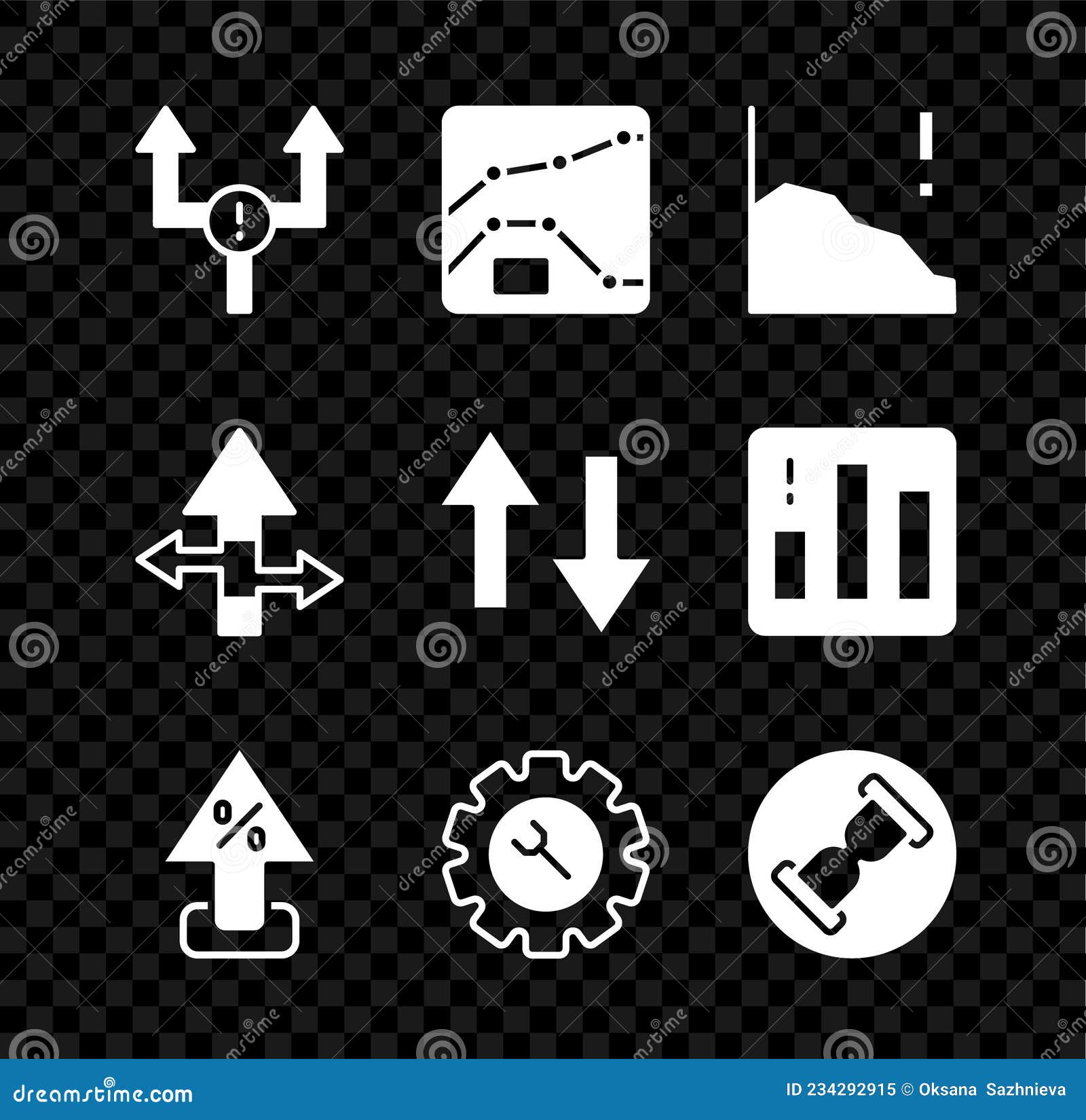 Set Arrow, Graph, Chart, Diagram, Financial Growth Decrease, Percent Up Arrow, Wrench and Gear ...
