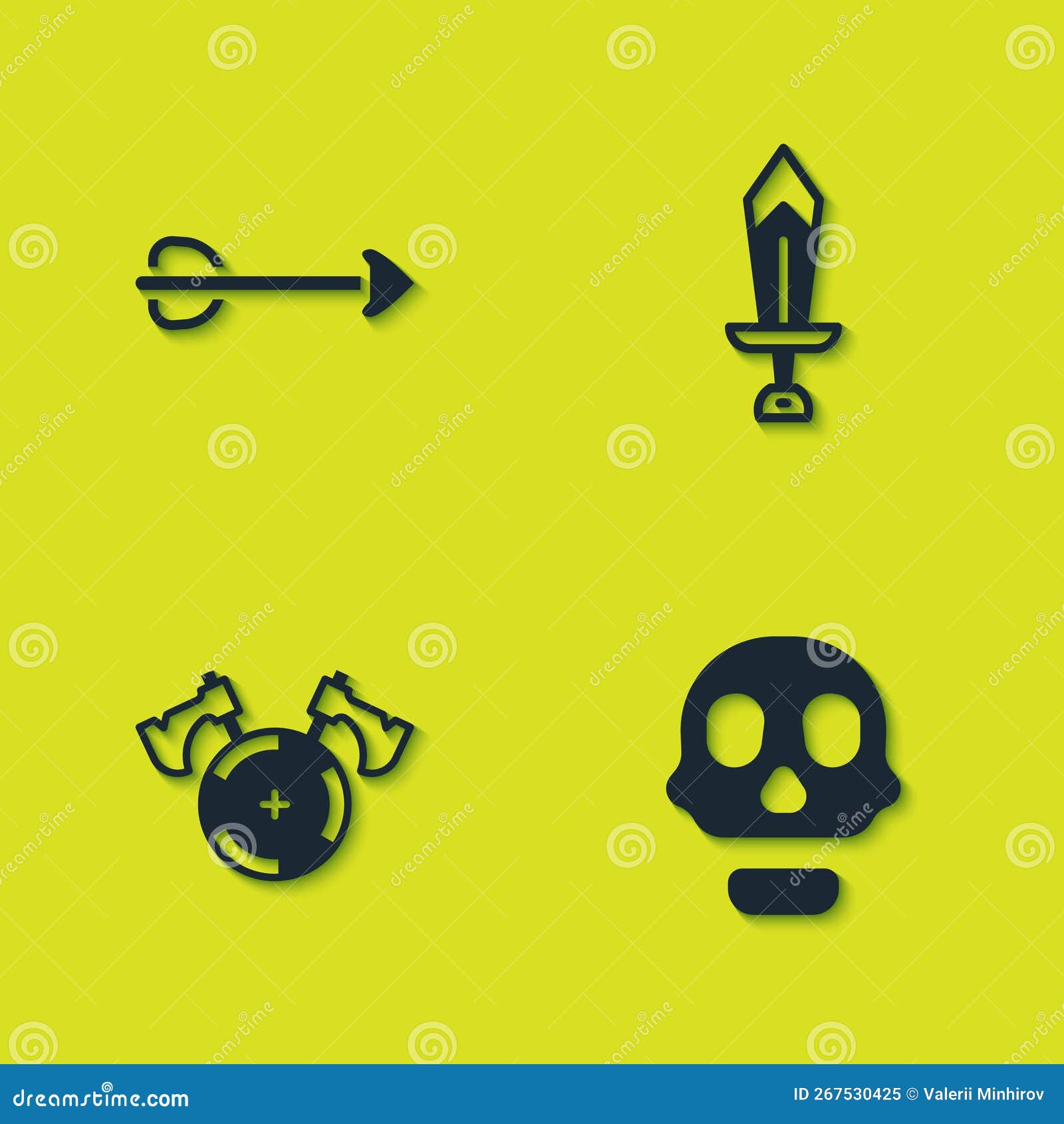 Set Arrow, Skull, Medieval Shield with Axe and Sword for Game Icon ...