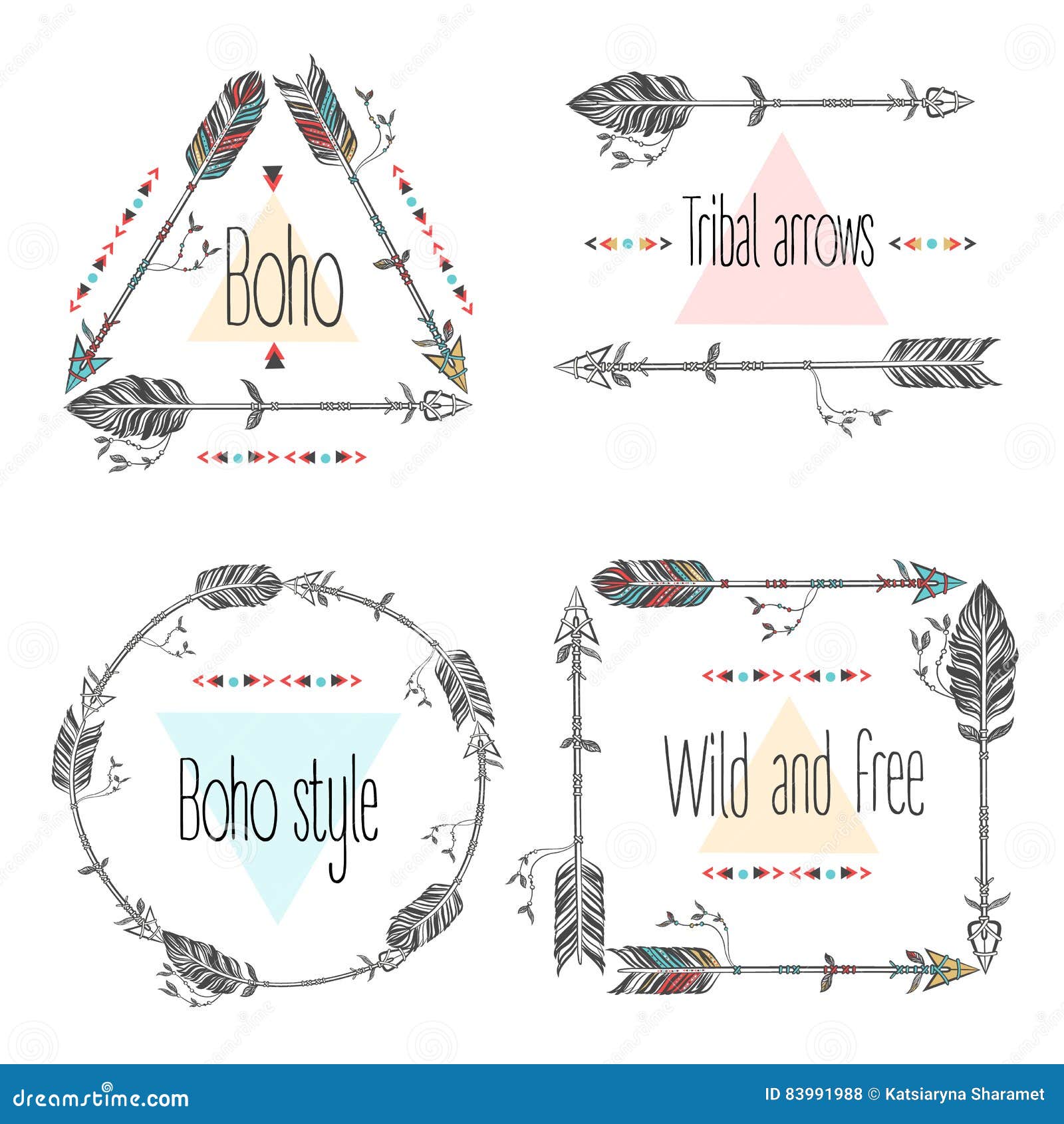 Set of Arrows Frames, Tribal Arrows. Ethnic Feathers. Boho Style Stock ...