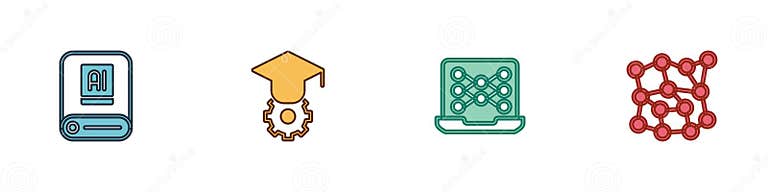 Set Artificial Intelligence AI, Graduation Cap, Neural Network and Icon. Vector Stock ...