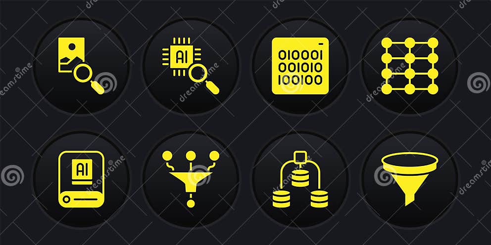 Set Artificial Intelligence AI, Neural Network, Funnel Filter, Server, Data, Binary Code ...