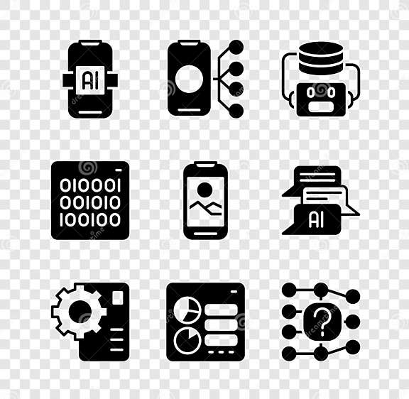 Set Artificial Intelligence AI, Neural Network, Robot, Computer Api Interface, Binary Code and ...
