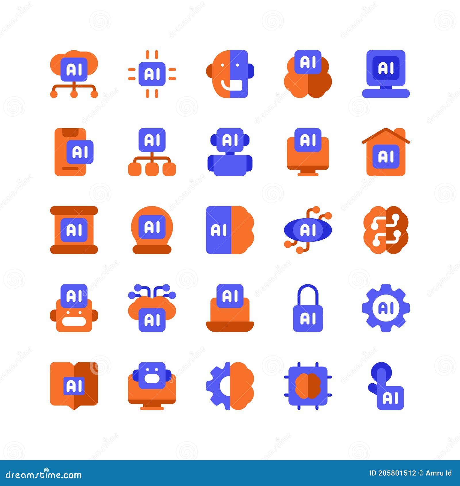 Set of Artificial Intelligence AI Robotic Algorithm Flat Style Icon ...