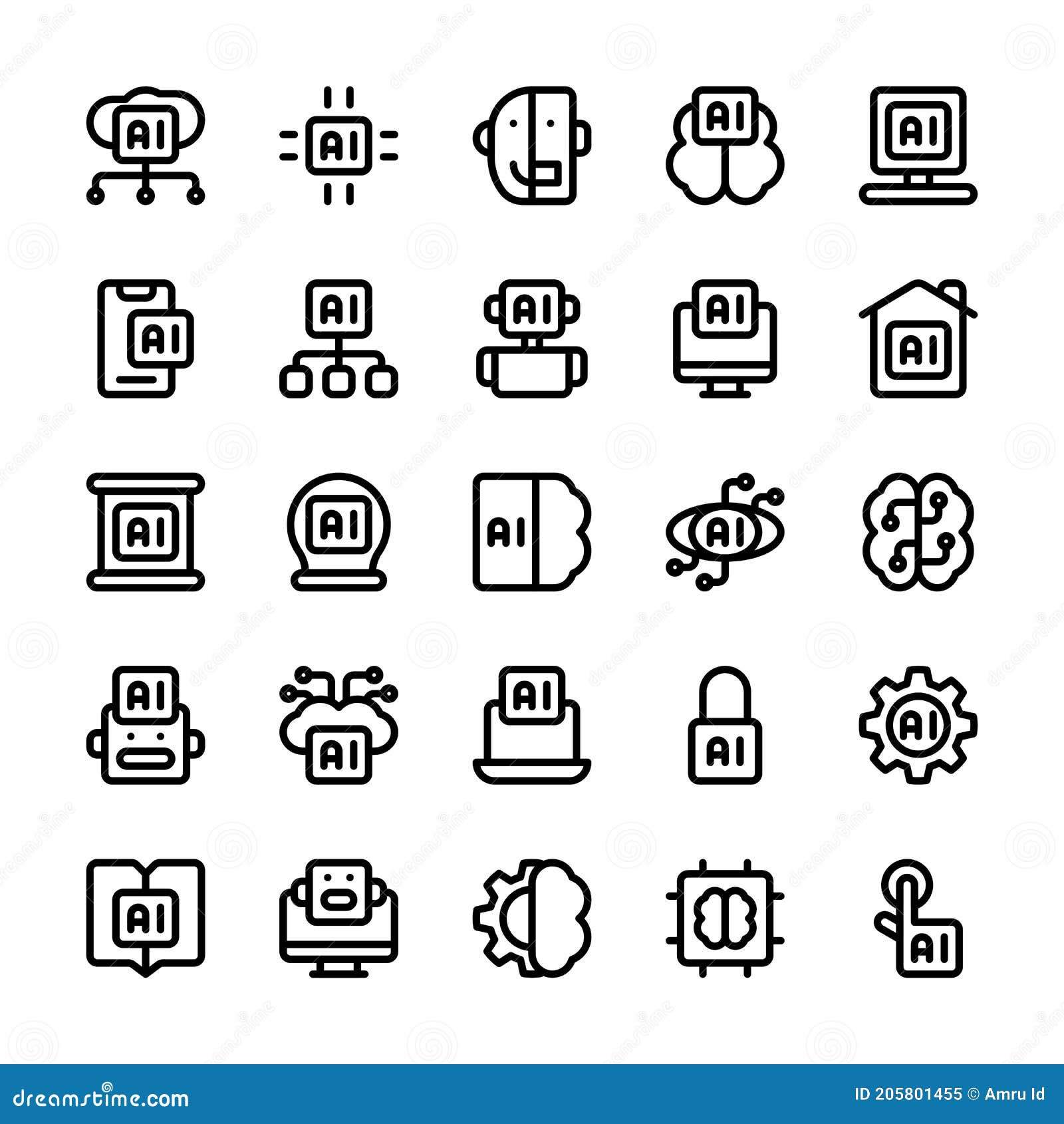 Set of Artificial Intelligence AI Robotic Algorithm Outline Style Icon ...