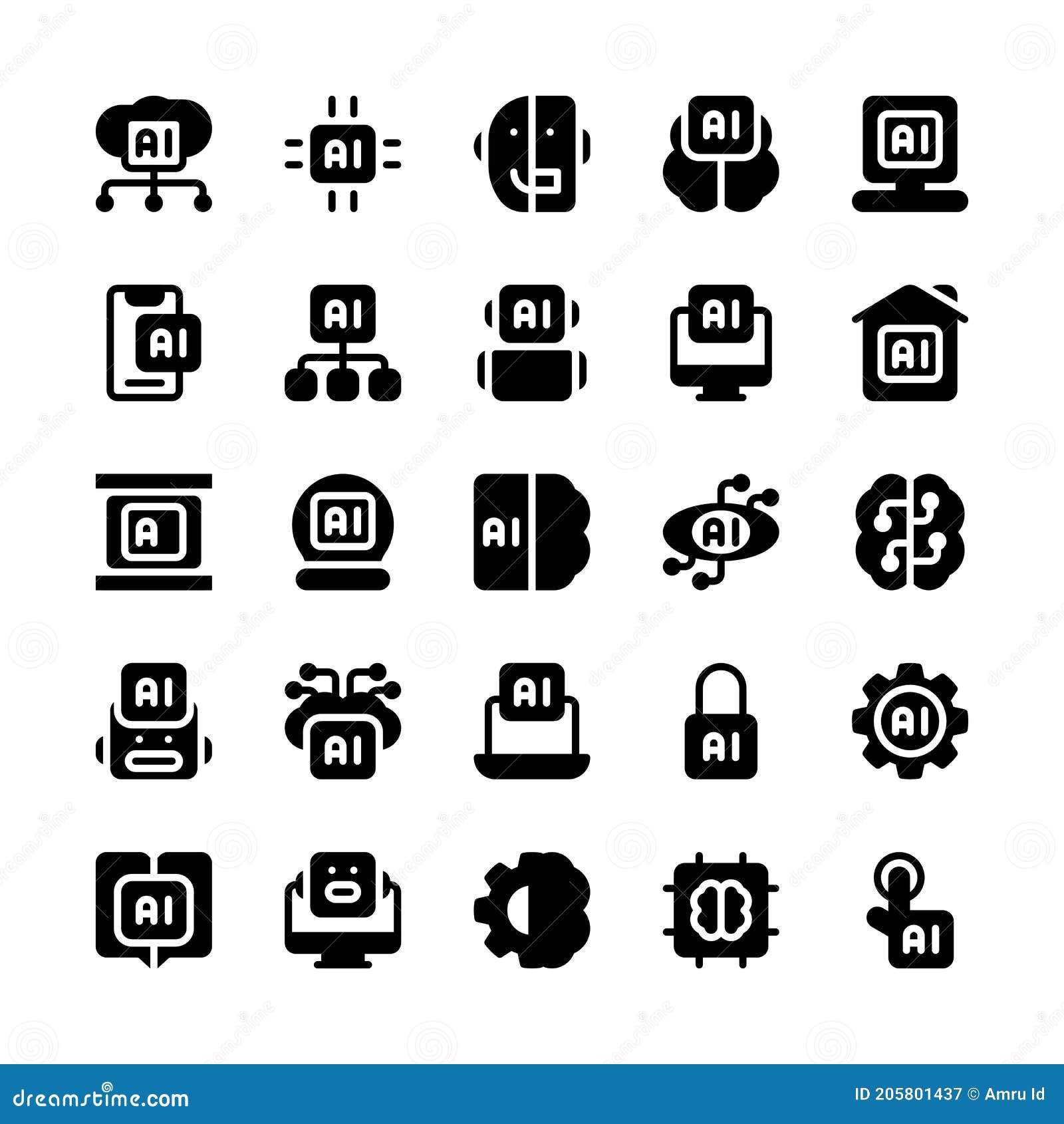 Set of Artificial Intelligence AI Robotic Algorithm Solid Style Icon ...