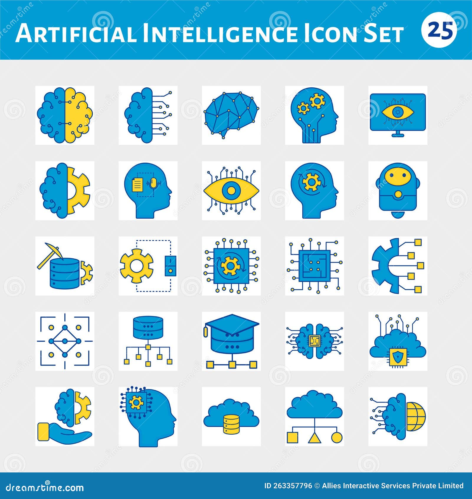 Set of 25 Artificial Intelligence Icon Set in Blue and Yellow Stock ...
