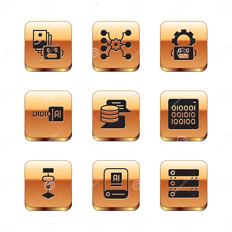 Set Artificial Intelligence Robot, Algorithm, AI, Server, Data, Binary Code, Robot Setting, and ...