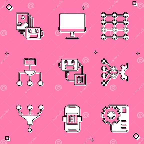 Set Artificial Intelligence Robot, Computer Monitor, Neural Network, Algorithm, Funnel Filter ...