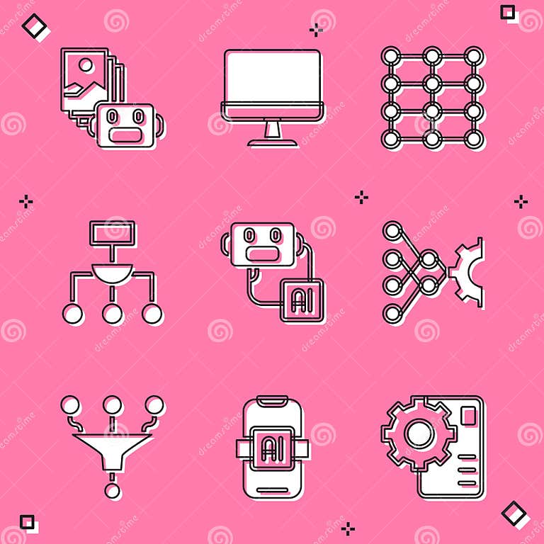 Set Artificial Intelligence Robot Computer Monitor Neural Network Algorithm Funnel Filter
