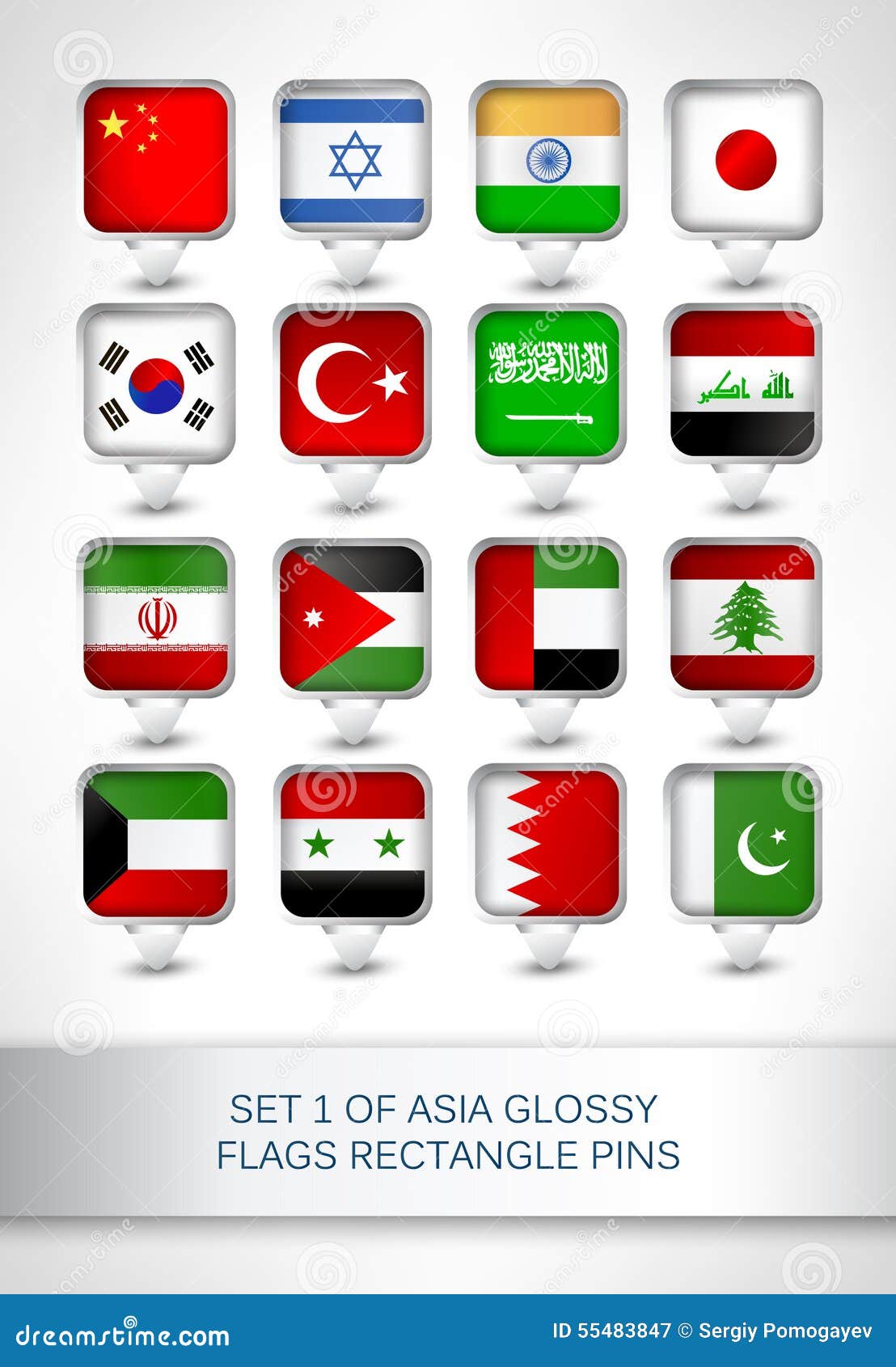 Set 1 of Asia Glossy Flags Rectangle Pins Stock Vector - Illustration ...
