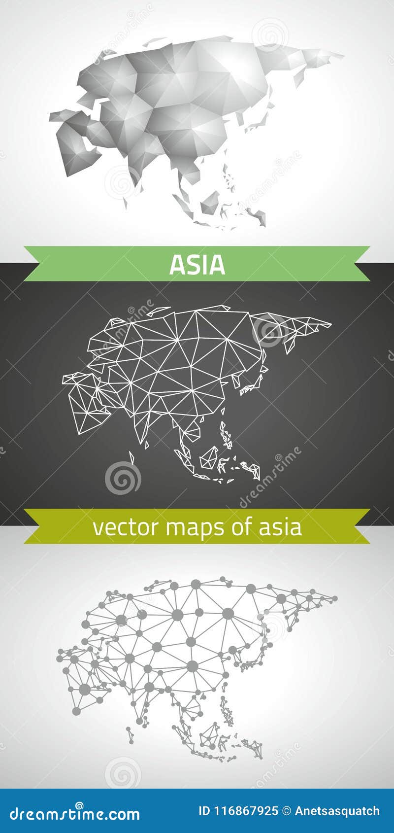 Asia Set of Grey and Silver Mosaic 3d Polygonal Maps. Graphic Vector ...