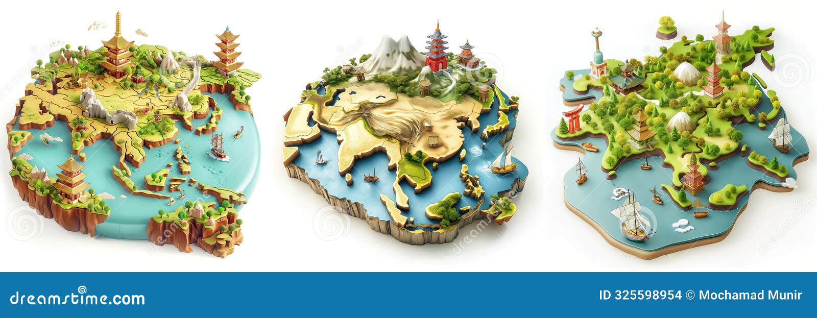 Set of Asian Continent Map. 3d Illustration Stock Illustration ...