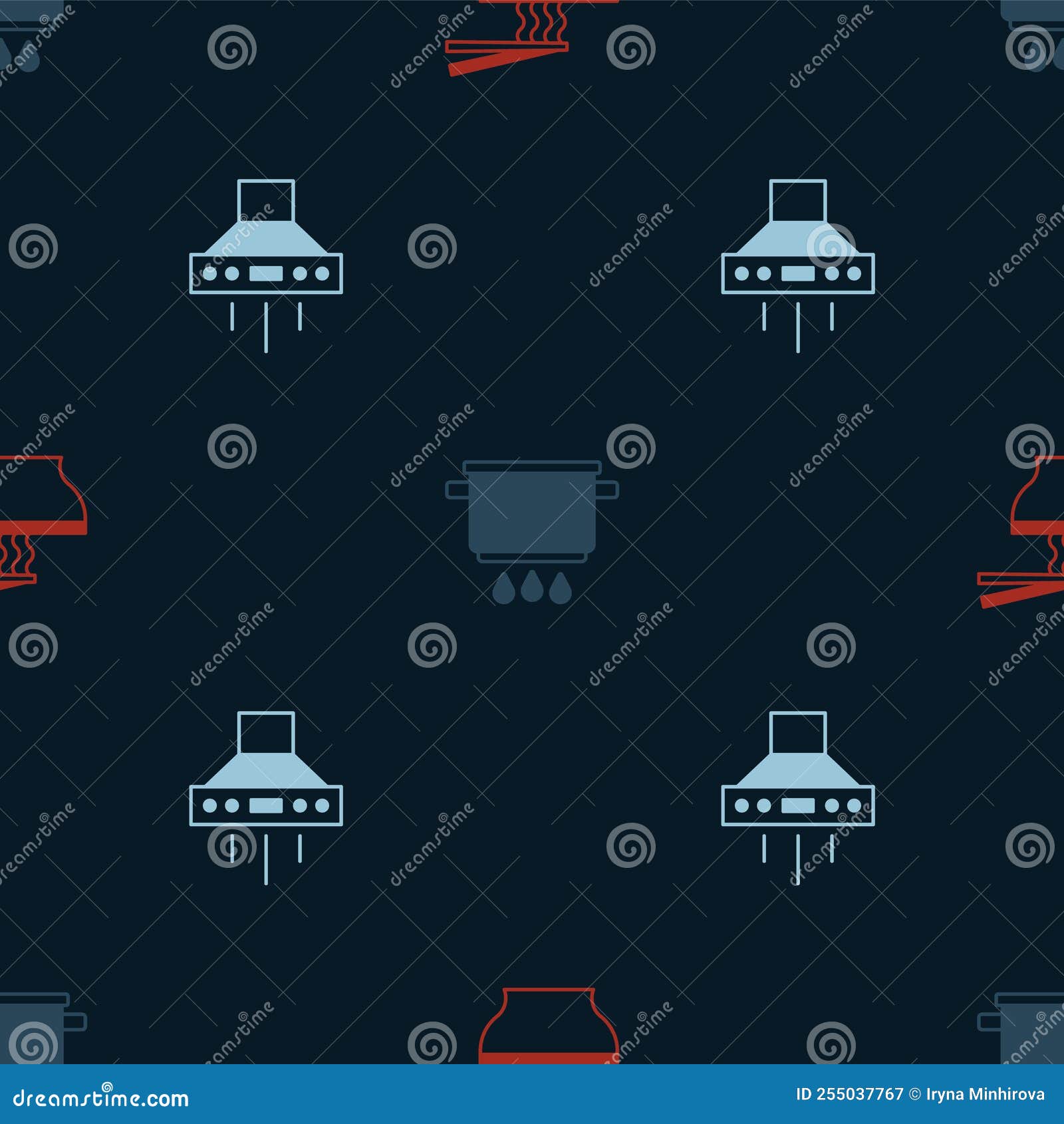 Set Asian Noodles in Bowl, Cooking Pot on Fire and Kitchen Extractor ...