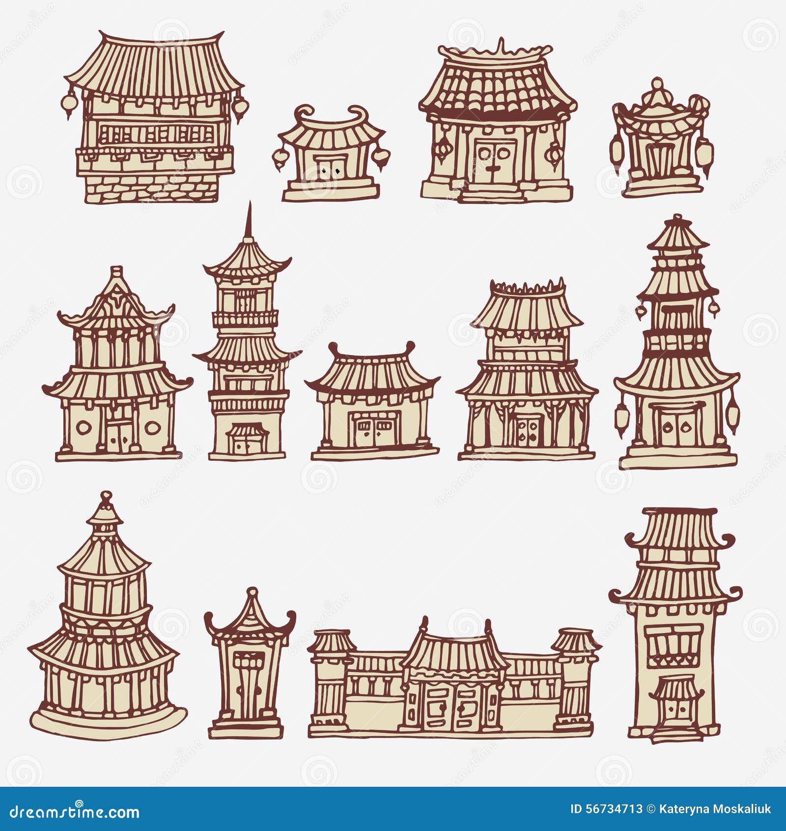 Set of Asian Temples and Manor Houses Stock Illustration - Illustration ...