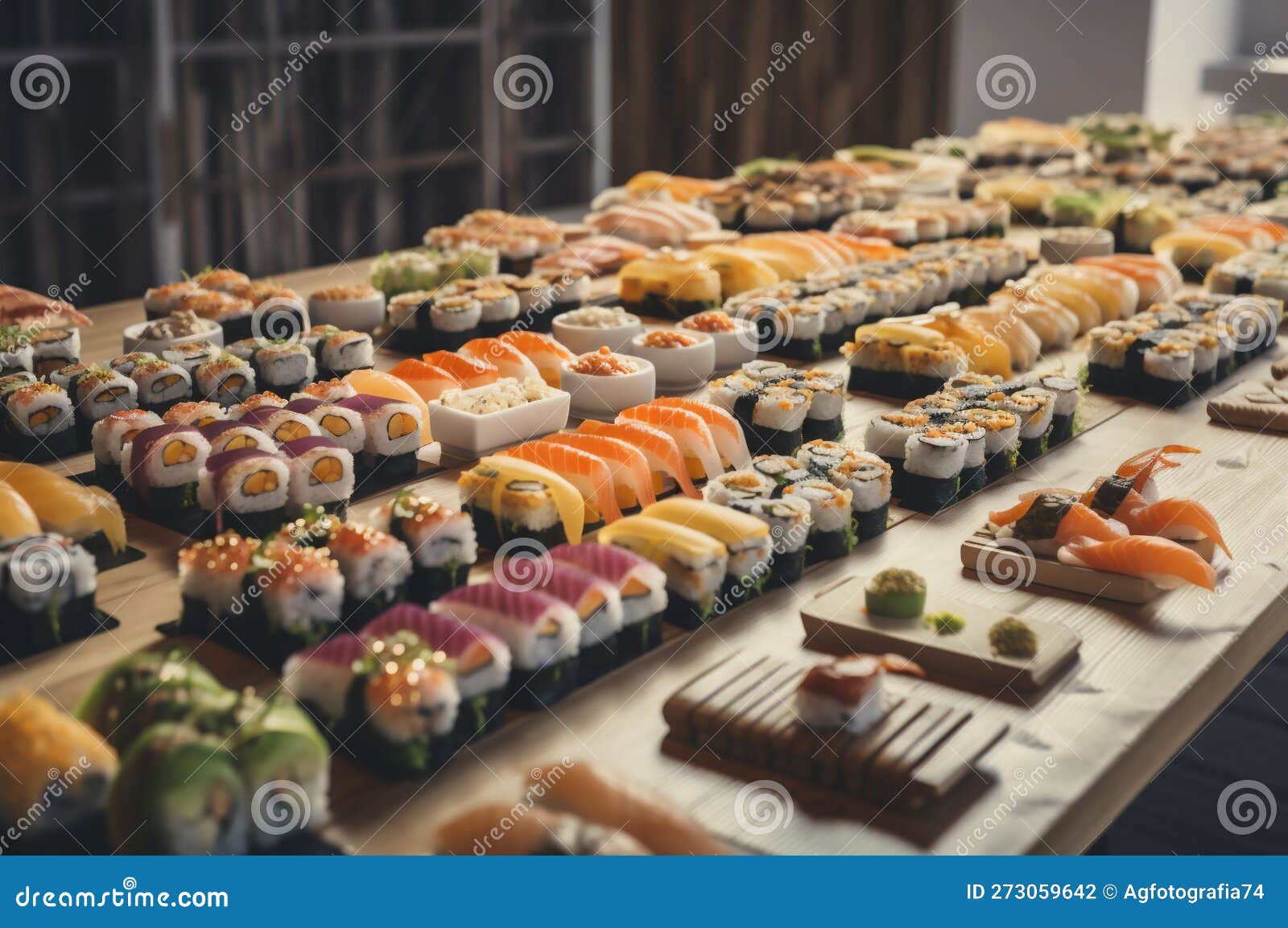 Set of Assorted Sushi Arranged on Plate Over Wooden Table. AI Generated ...