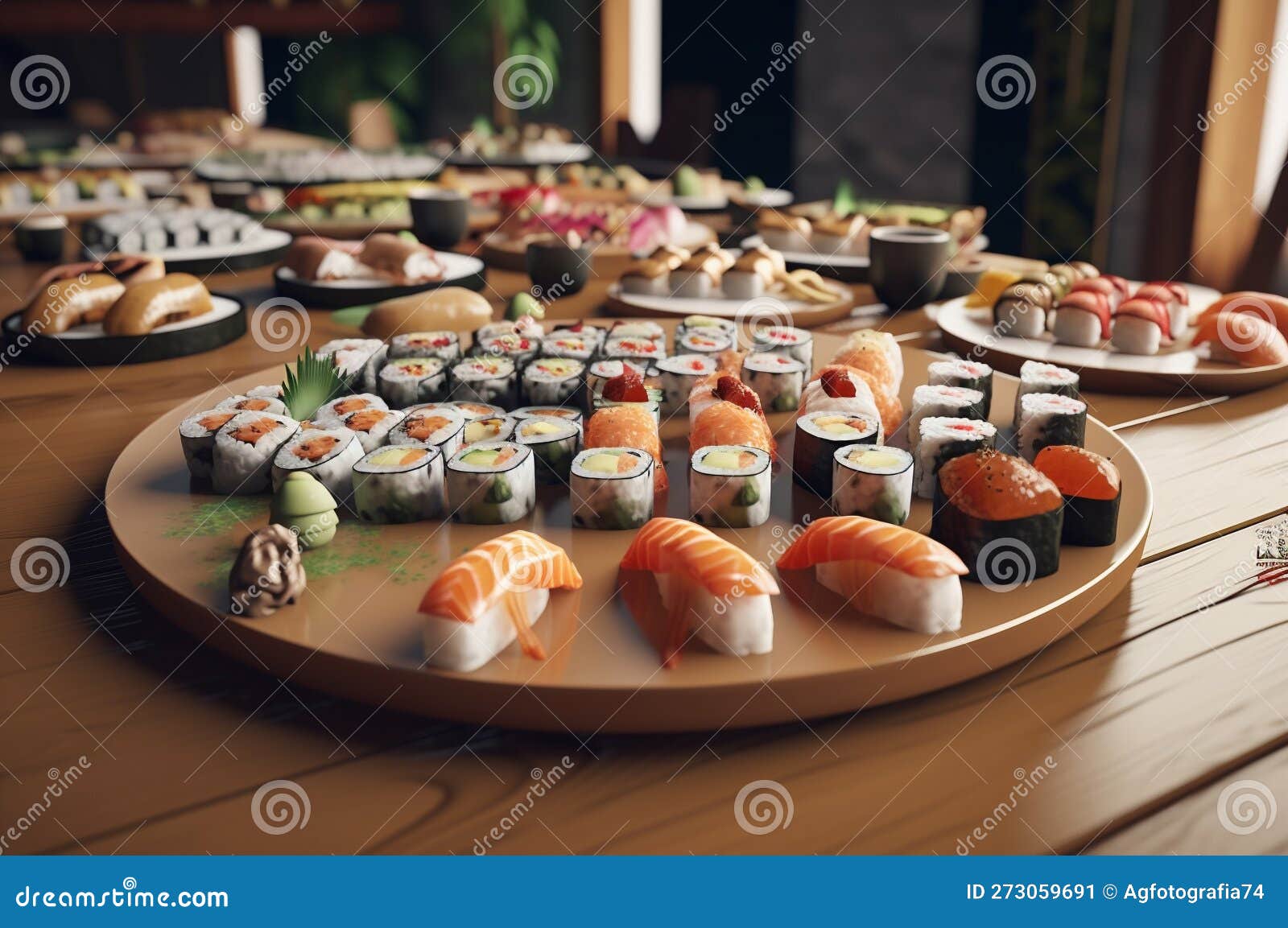 Set of Assorted Sushi Arranged on Plate Over Wooden Table. AI Generated ...