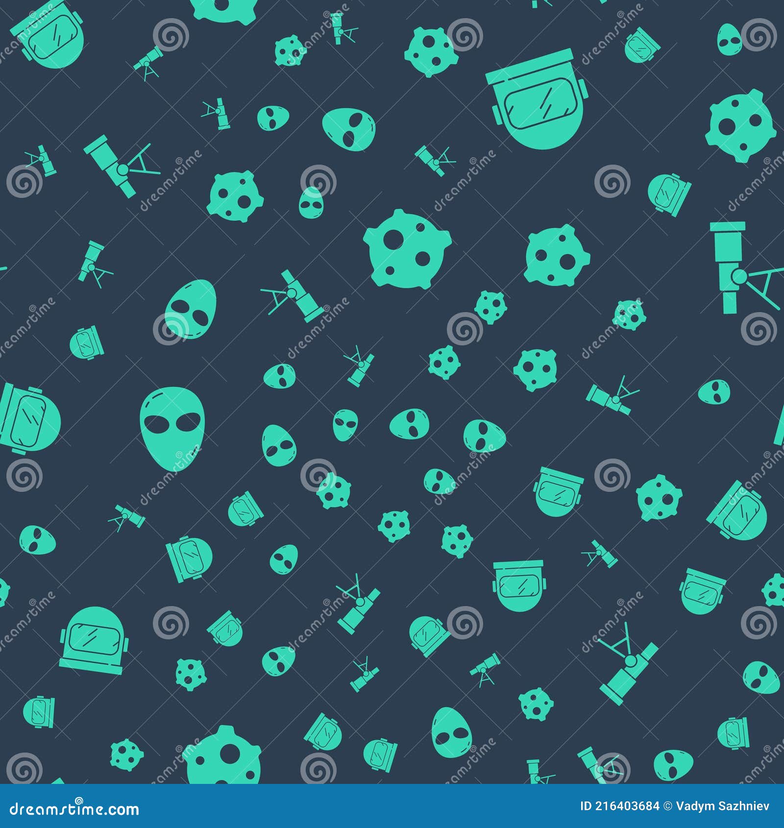 Set Asteroid, Astronaut Helmet, Alien and Telescope on Seamless Pattern ...
