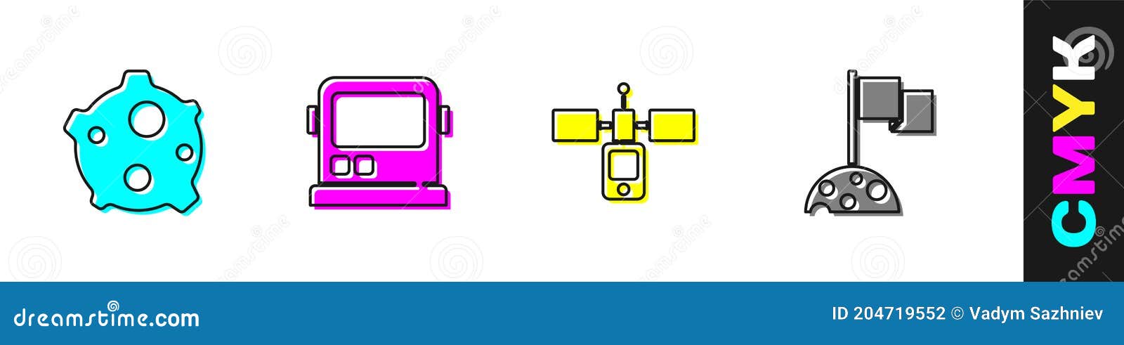 Set Asteroid, Astronaut Helmet, Satellite and Moon with Flag Icon ...