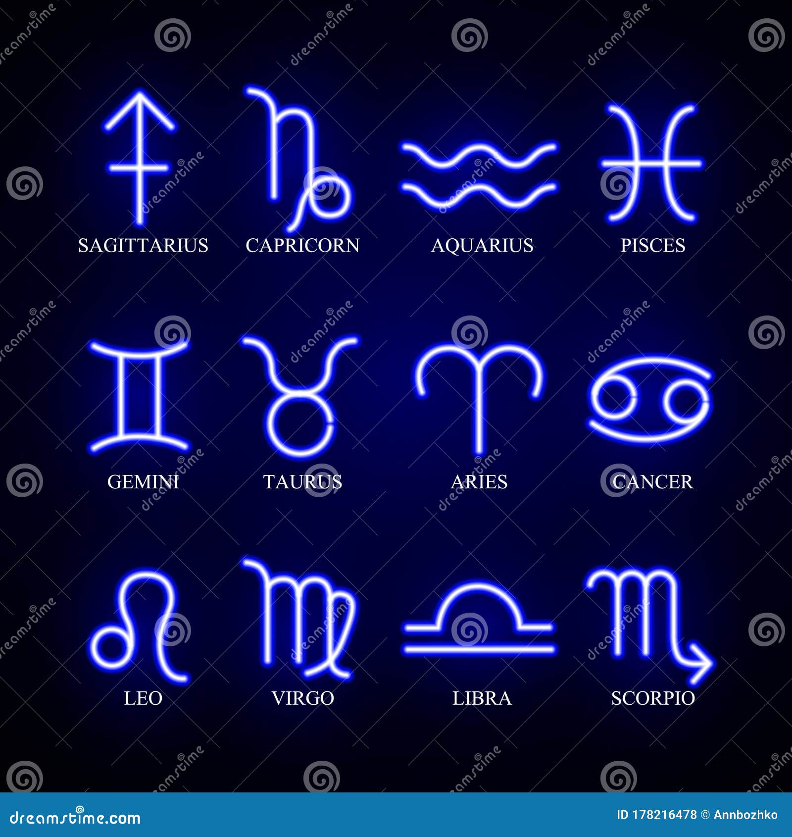 Set of Astrology Neon Zodiac Signs. Vector Illustration Stock Vector ...