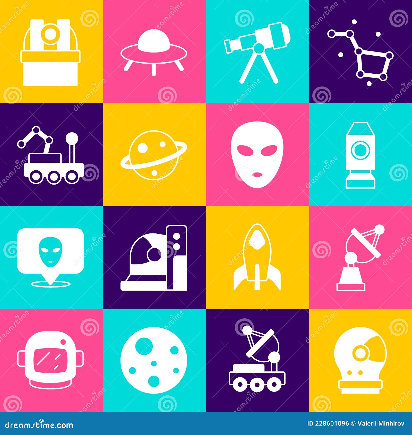 Set Astronaut Helmet, Satellite Dish, Rocket Ship, Telescope, Planet ... Set Astronaut Helmet, Satellite Dish, Rocket Ship, Telescope, Planet ...