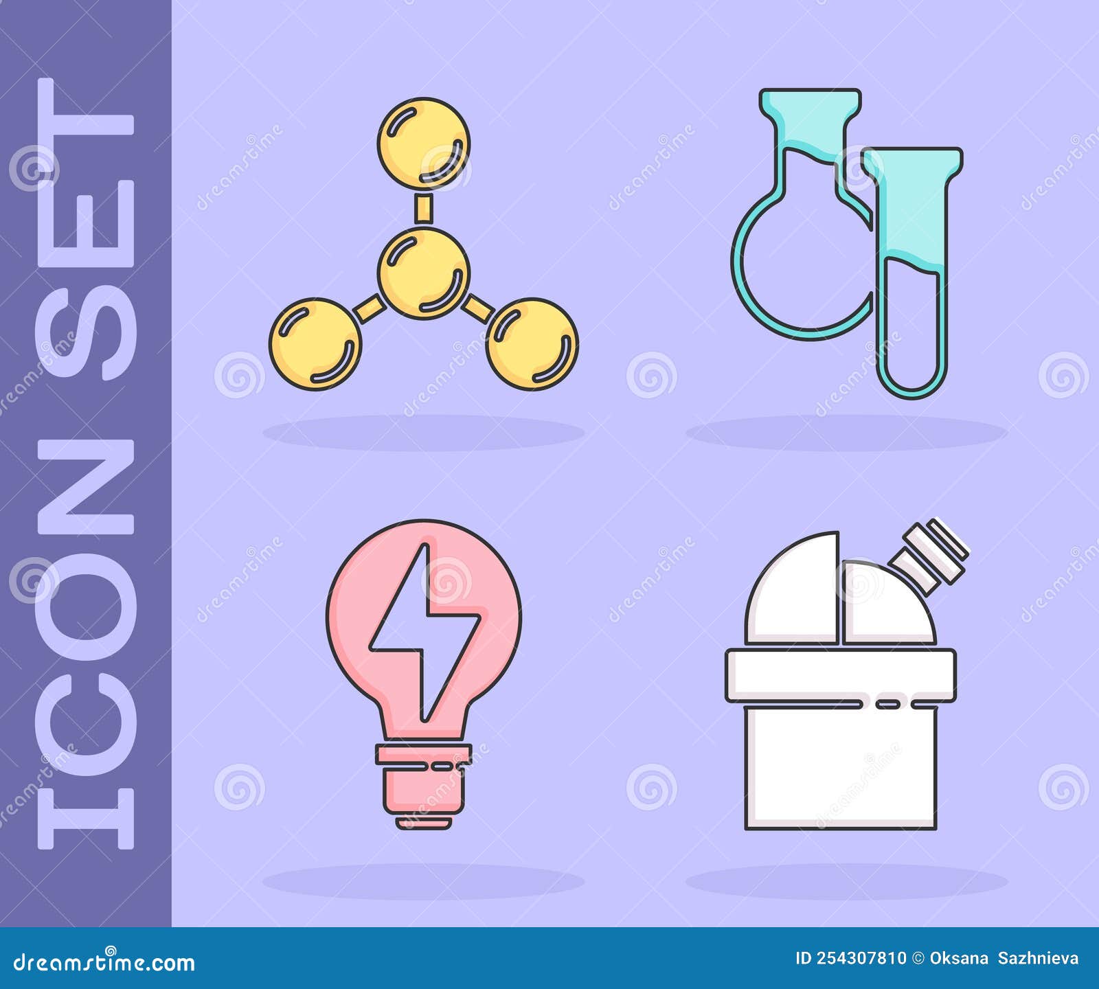 Set Astronomical Observatory, Molecule, Light Bulb with Lightning and ...
