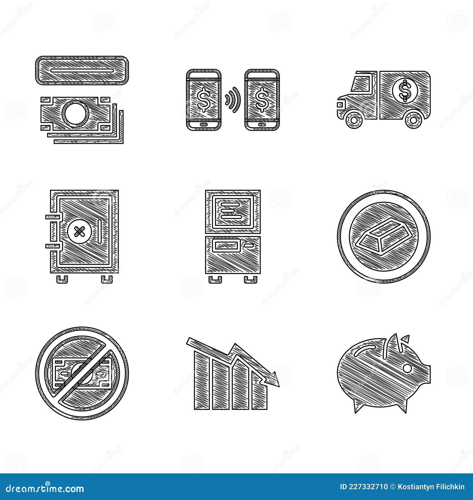 Set ATM, Financial Growth Decrease, Piggy Bank, Gold Bars, No Money, Safe, Armored Truck and and ...