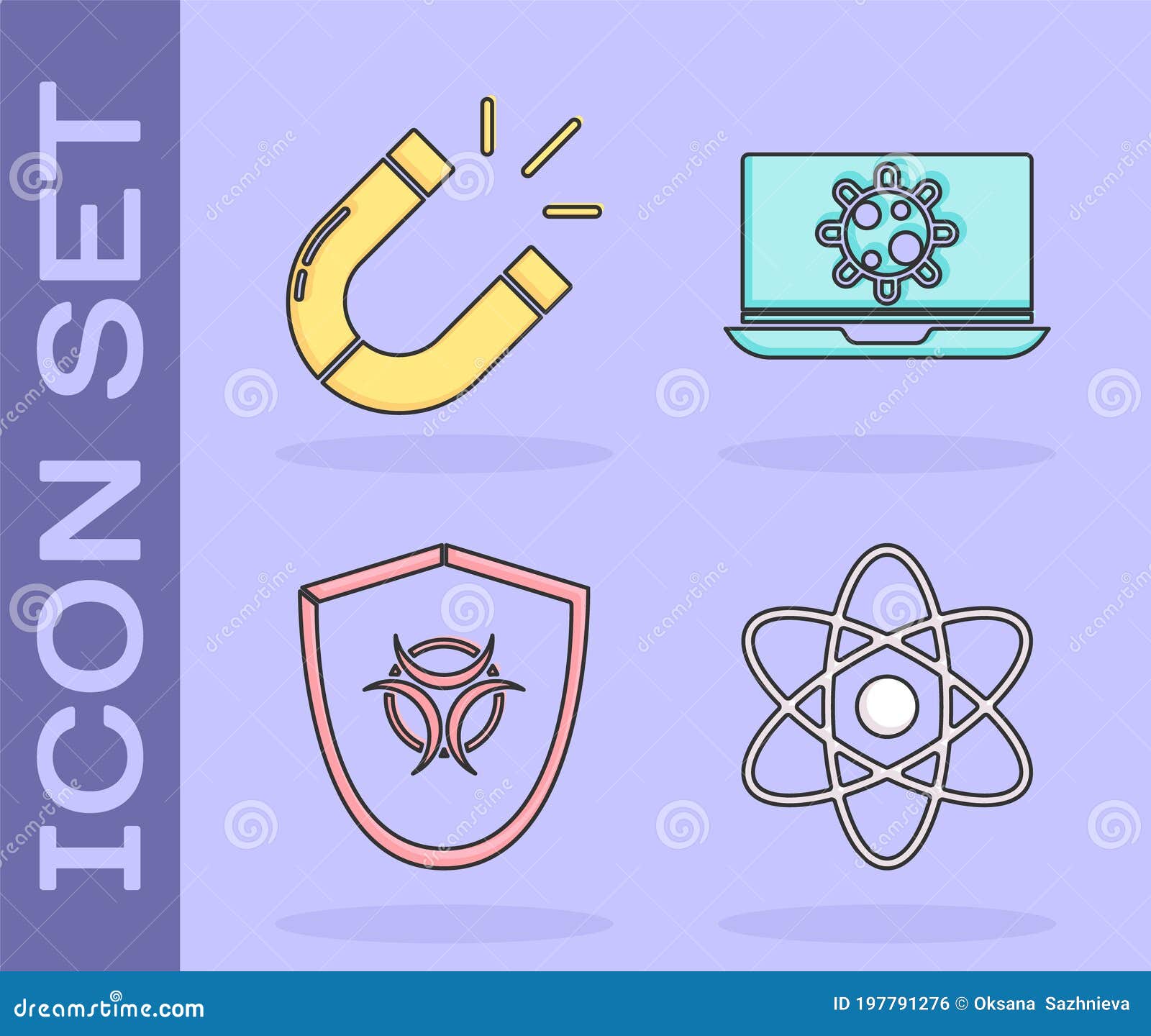Set Atom, Magnet, Biohazard Symbol on Shield and Bacteria on Laptop ...