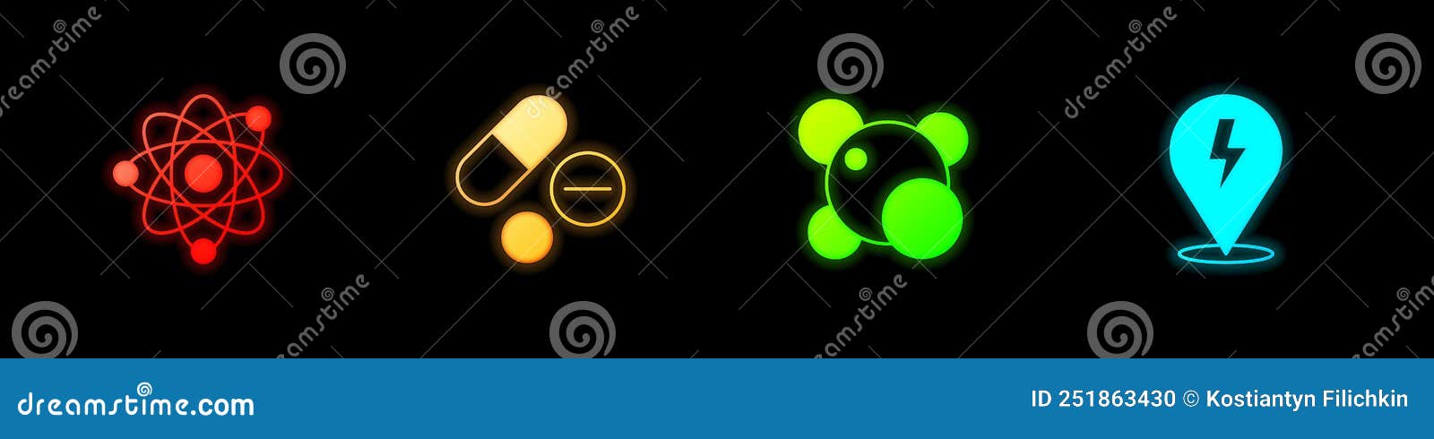 Set Atom, Medicine Pill or Tablet, Molecule and Lightning Bolt Icon ...