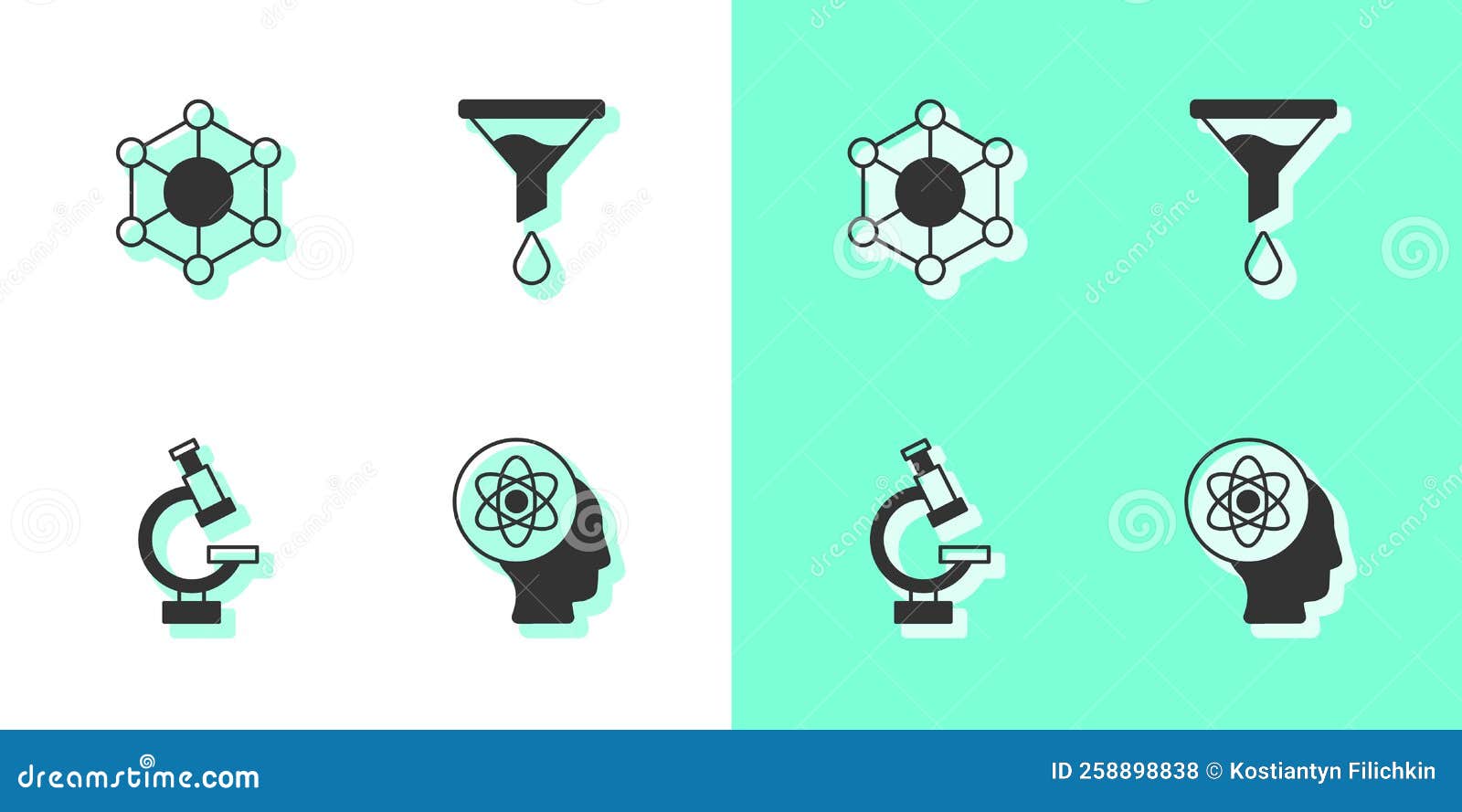 Set Atom, Molecule, Microscope and Funnel or Filter Icon. Vector Stock ...