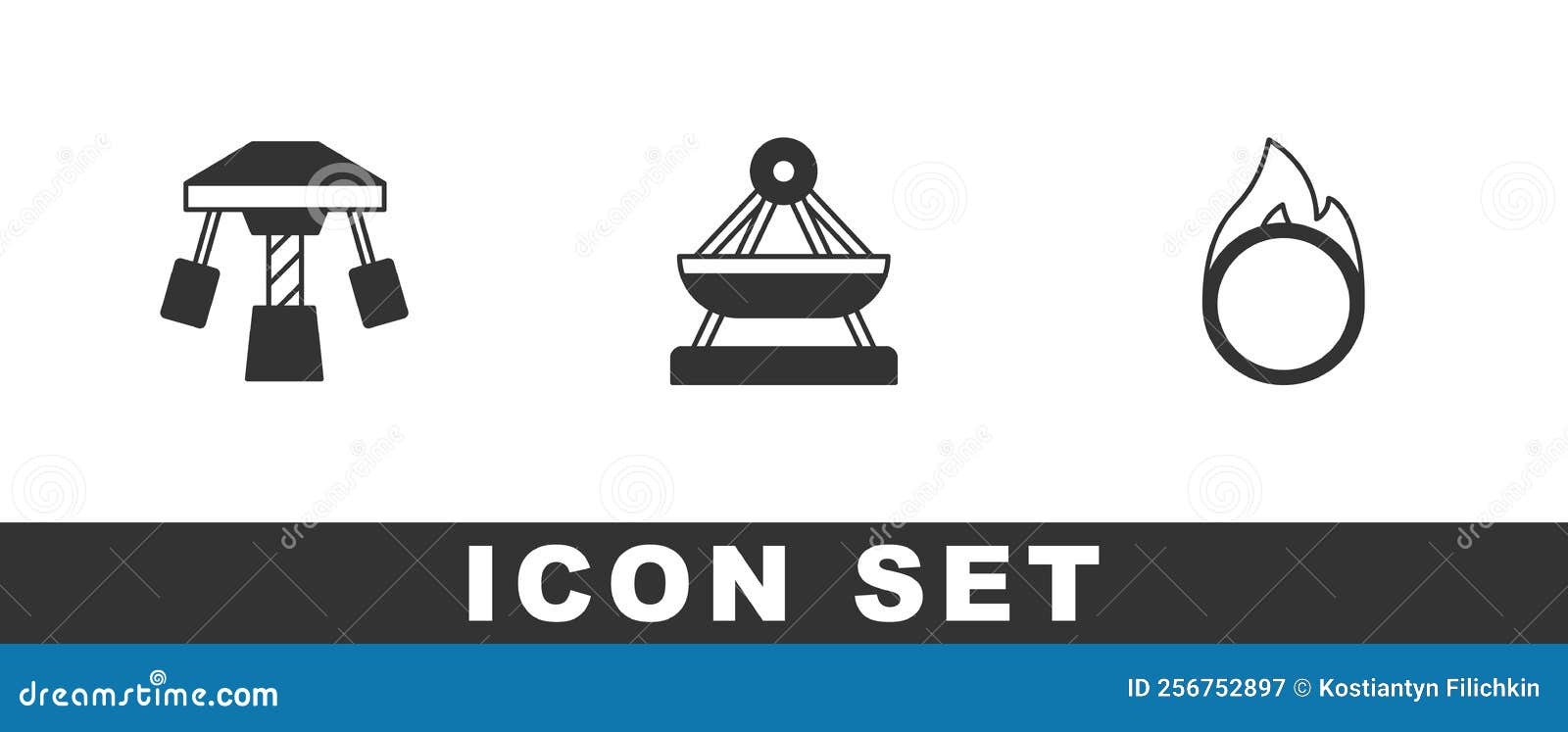 Set Attraction Carousel, Boat Swing and Circus Fire Hoop Icon. Vector ...