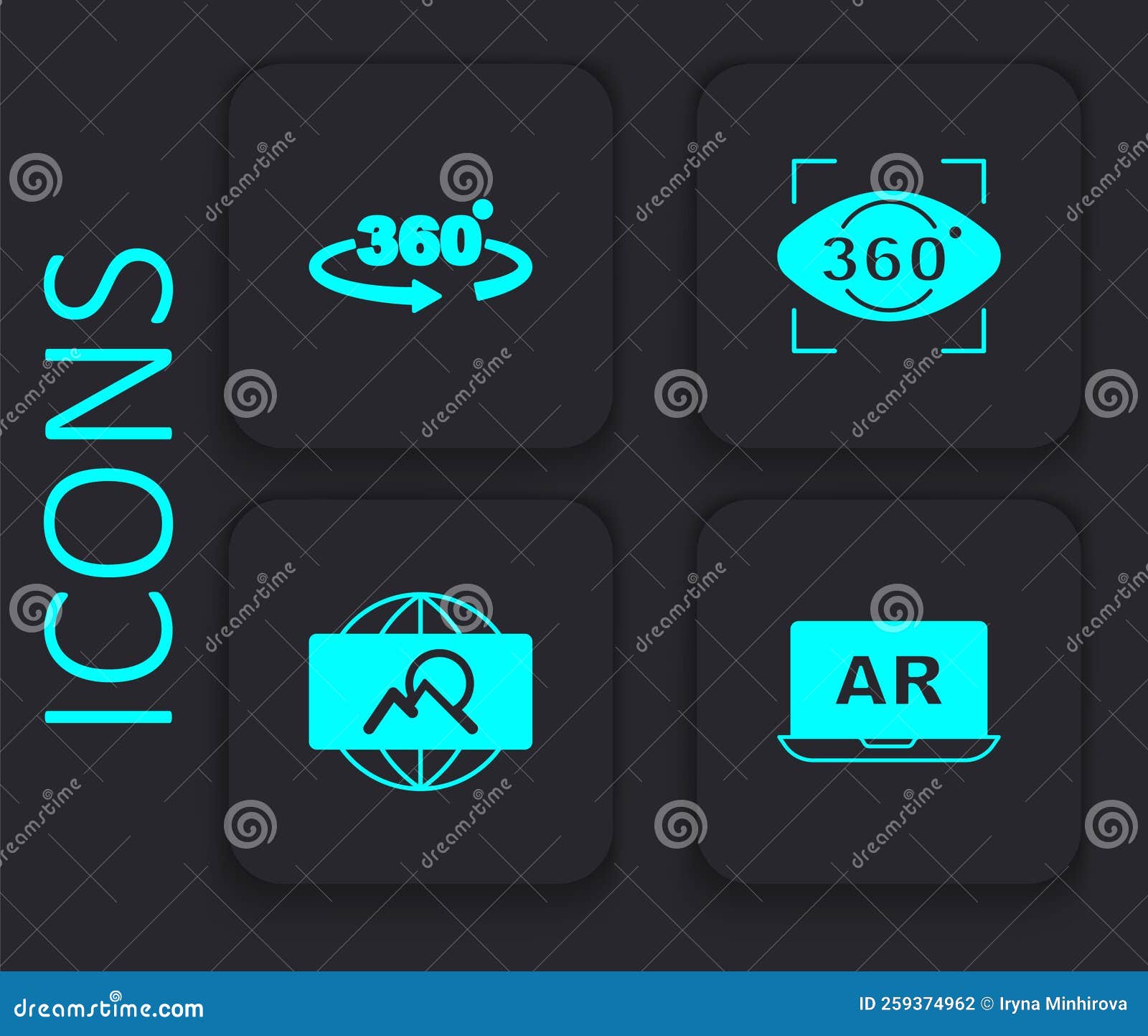 Set Augmented Reality AR, 360 Degree View, and Wide Angle Picture Icon ...