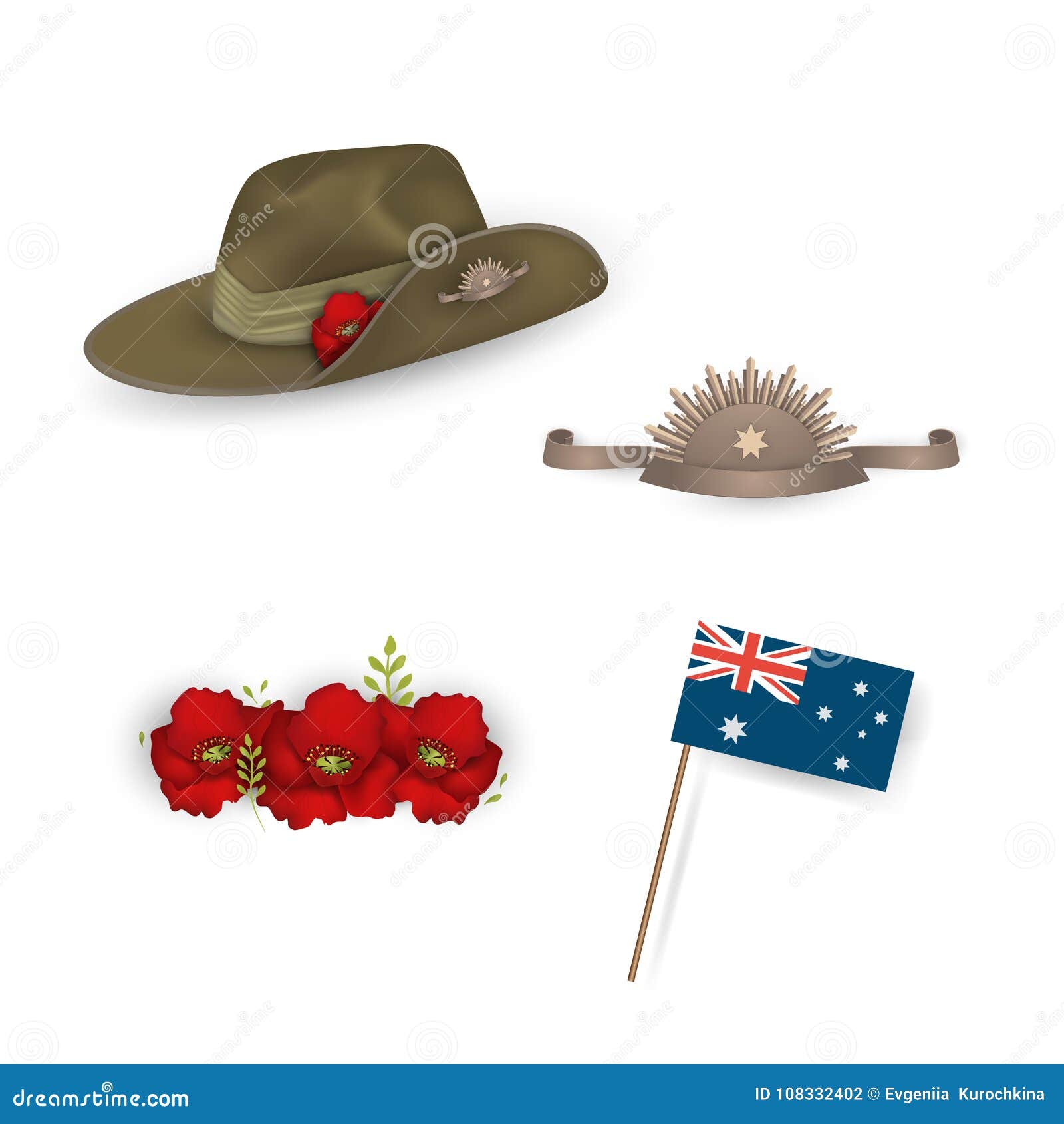 Set Of Australian Flag Anzac Australian Army Slouch Hat With Red Poppy Decorative Anzac