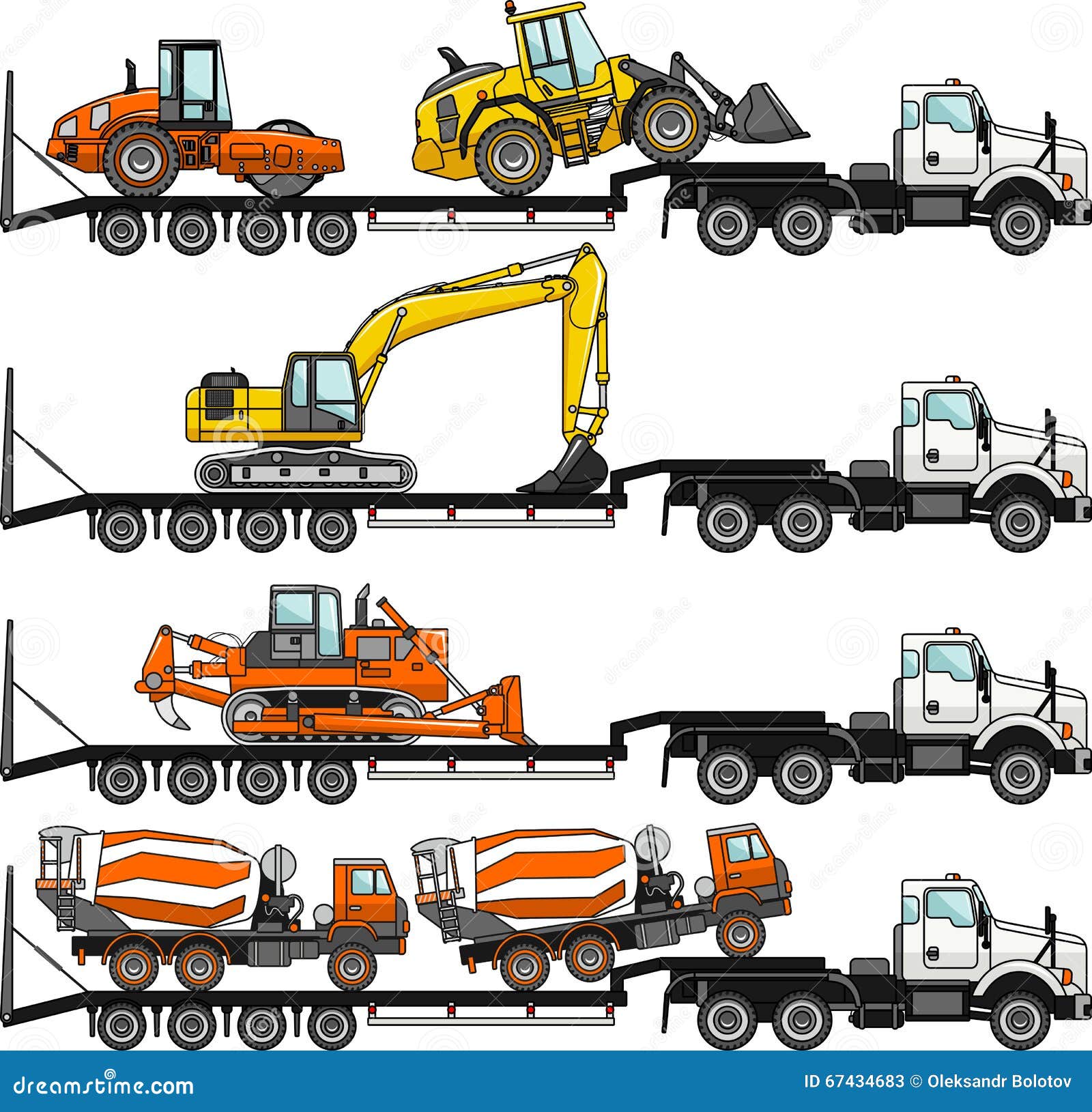 Set of Auto Transporter and Heavy Construction Machines Isolated on ...