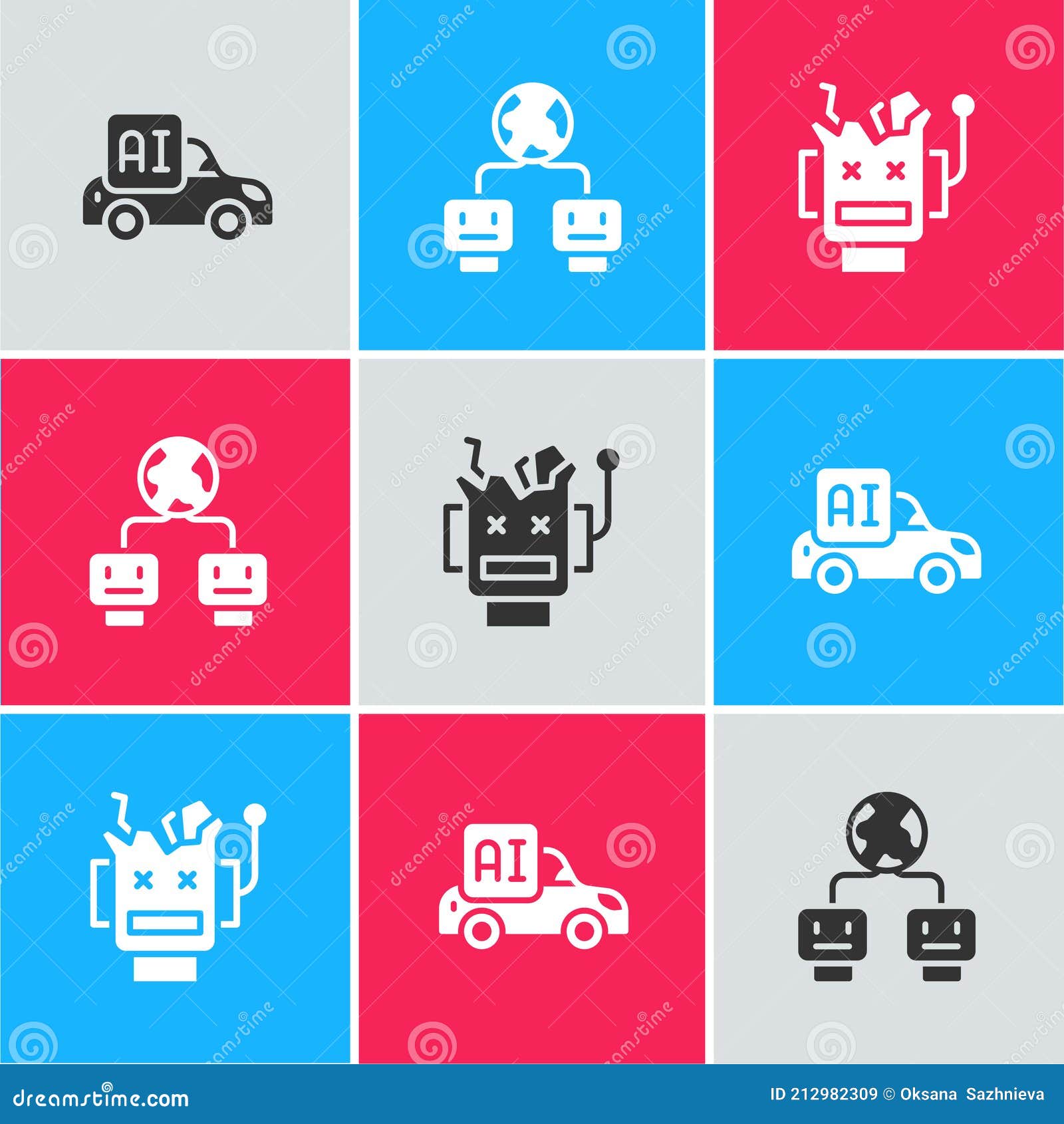 Set Autonomous Smart Car, Artificial Intelligence and Broken Robot Icon ...