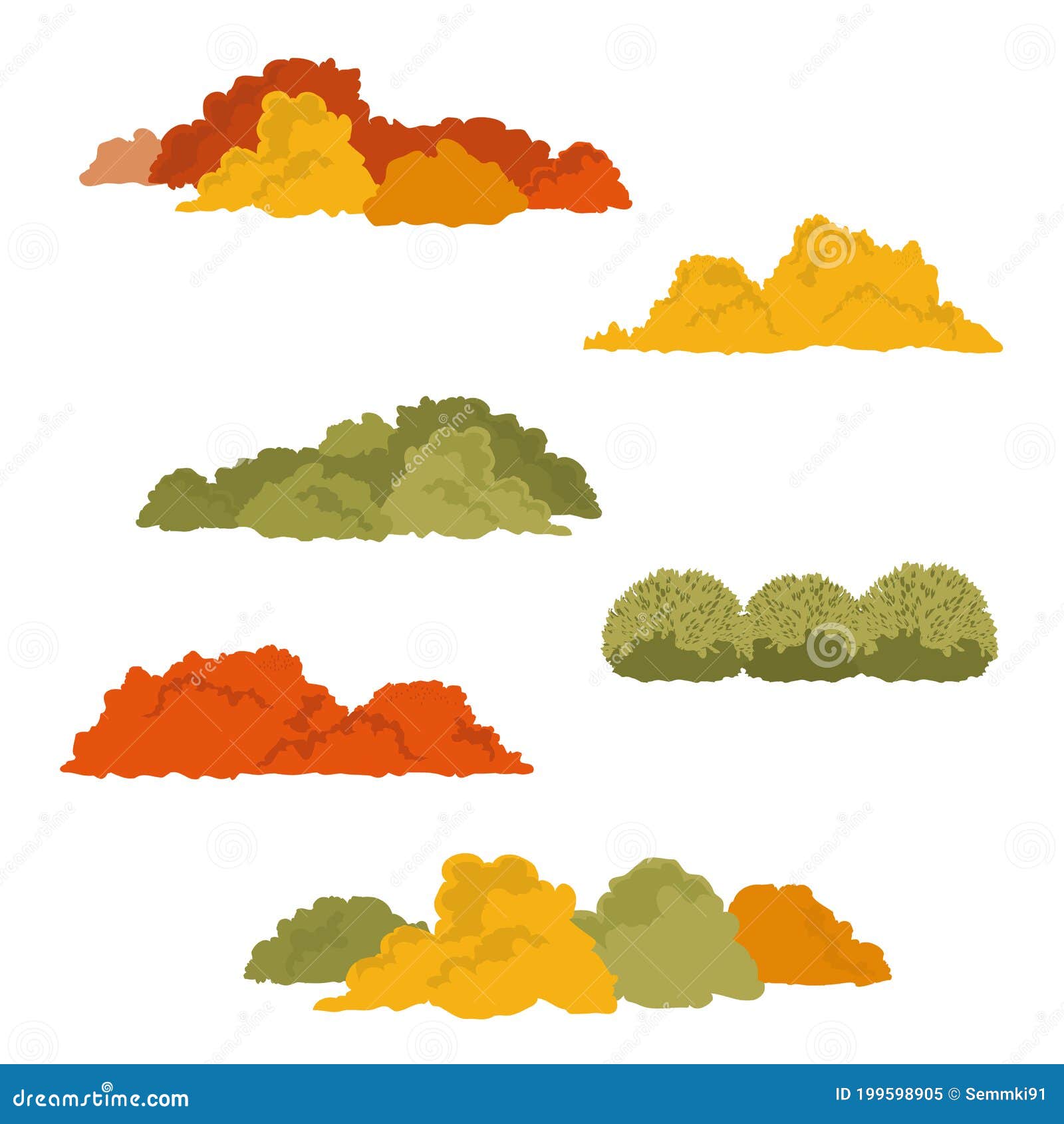 Set of Autumn Bushes Landscape Isolated Icon, Vector Illustration,flat ...