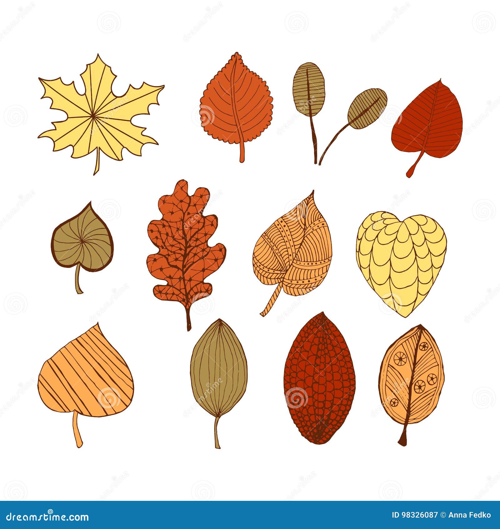 Set of Autumn Doodle Decorative Leaves Stock Vector - Illustration of ...