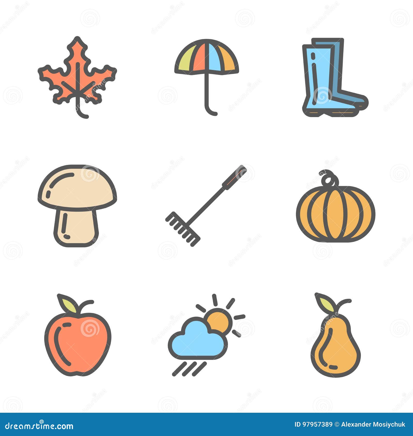 Set of Autumn Icons. Collection of Linear Colored Symbols with Fall ...